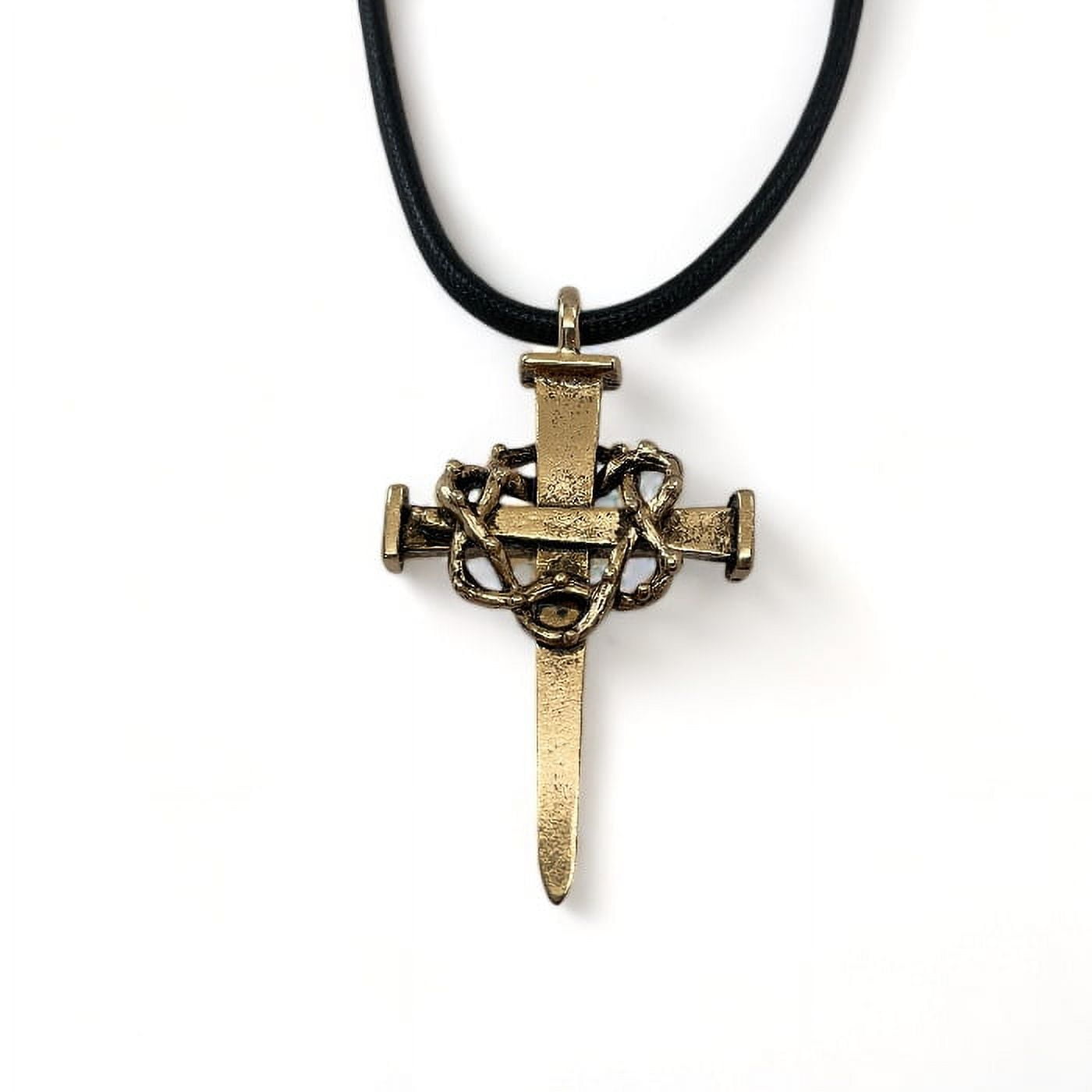 Nail Crown Cross Large Pewter Gold Metal Finish Black Cord Necklace For ...