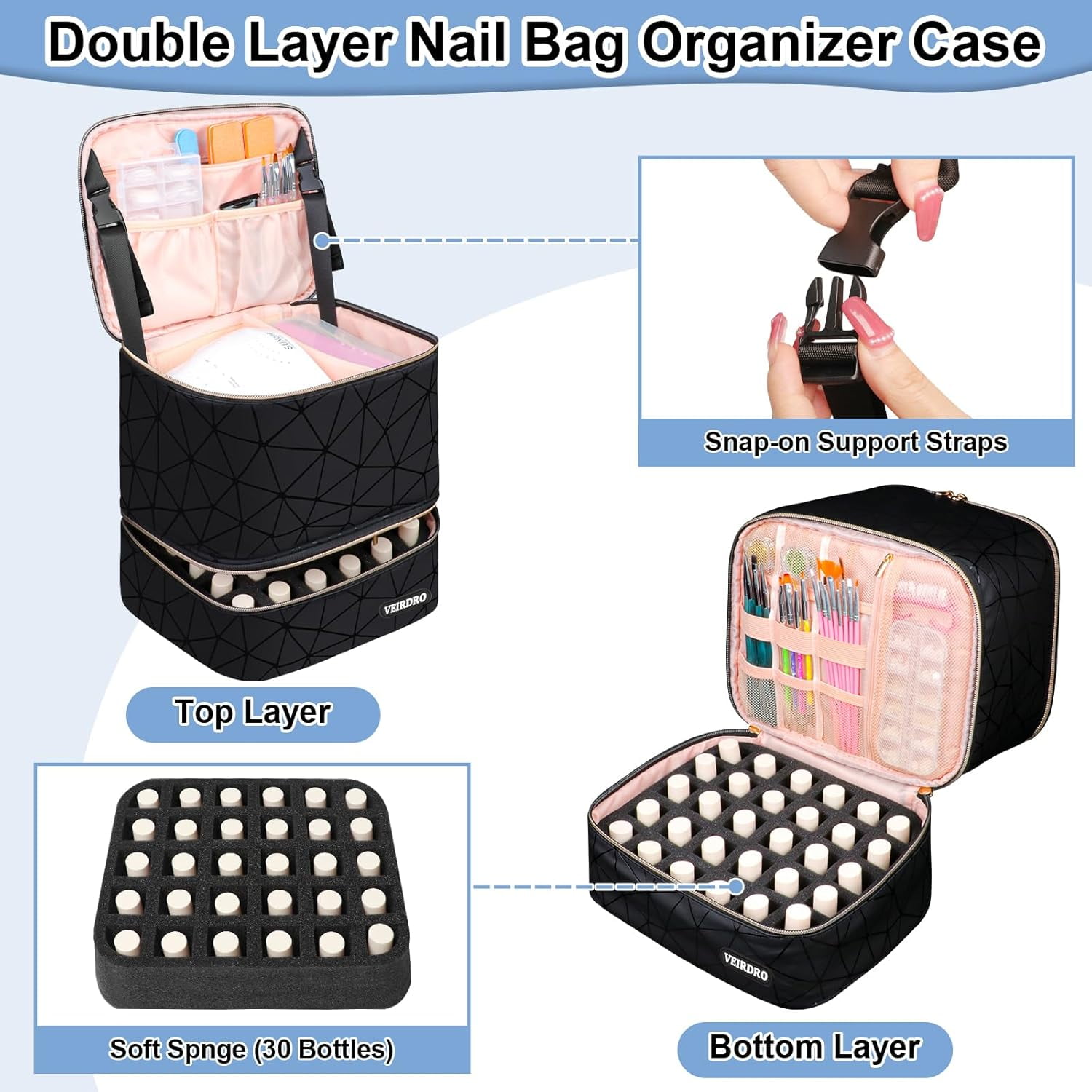 Nail Polish Organizer Bag Holds 30 Bottles (15ml/0.5 fl.oz)& Nail Lamp ...