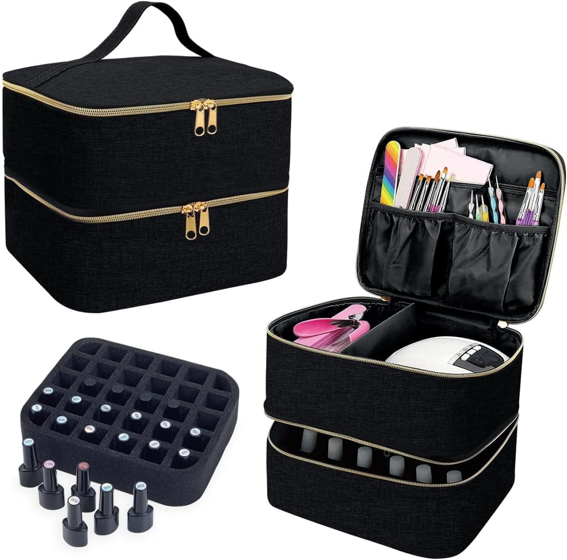 Black Double-Layer Nail Polish Organizer Case with Adjustable Dividers ...