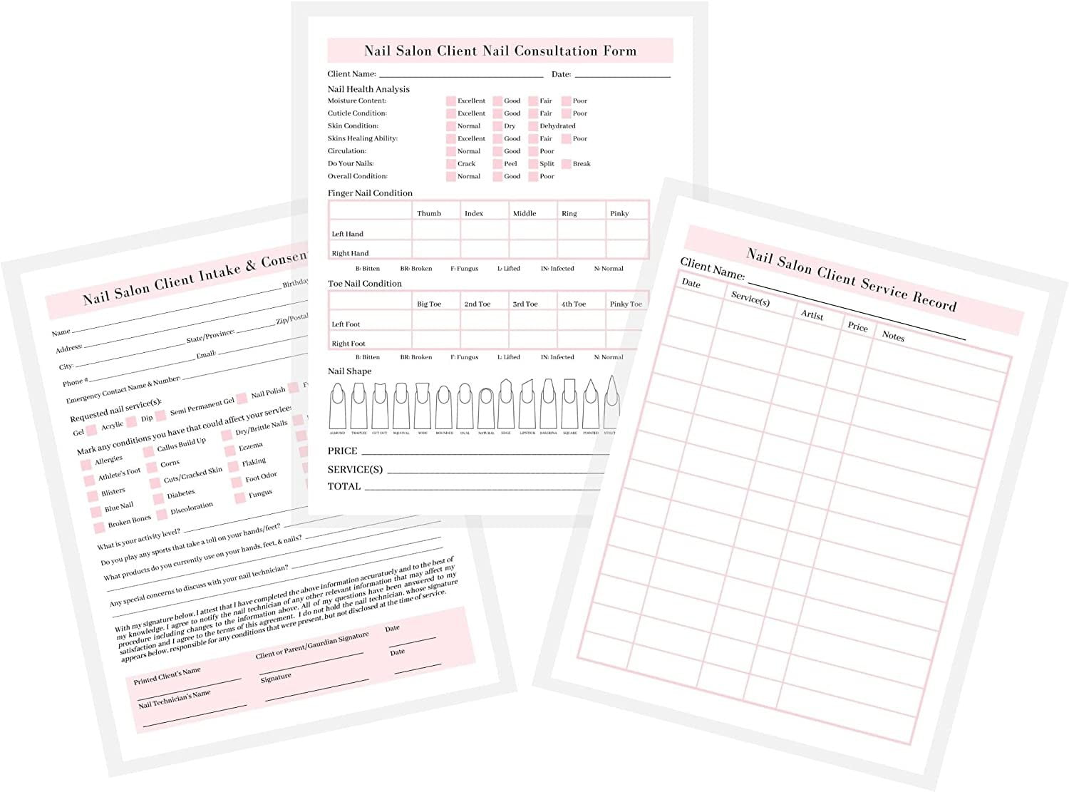 Nail Salon Intake Form, Nail Condition Form, Aftercare Form 50 Pack 8 ...