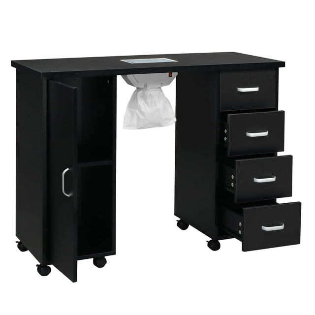Black Nail Tech Table with Dust Collector, Rolling Storage & Lockable ...