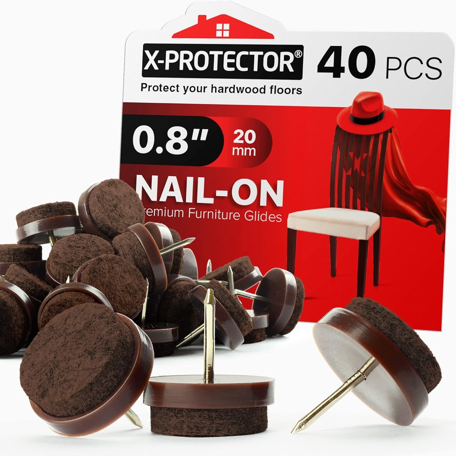 X-PROTECTOR Nail-On Felt Pads - 40 PCS 0.8” Brown Chair Leg Protectors ...