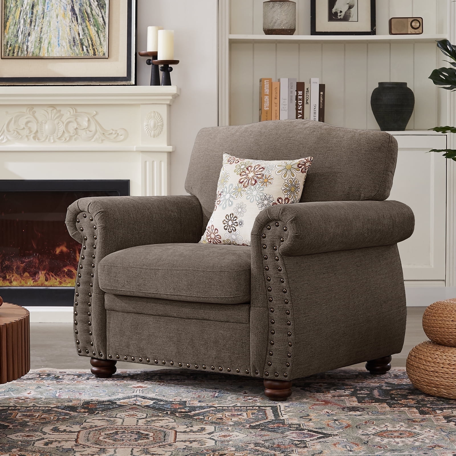 Nailhead Trim Armchair, Rolled Arm Accent Chair for Living Room, Brown ...