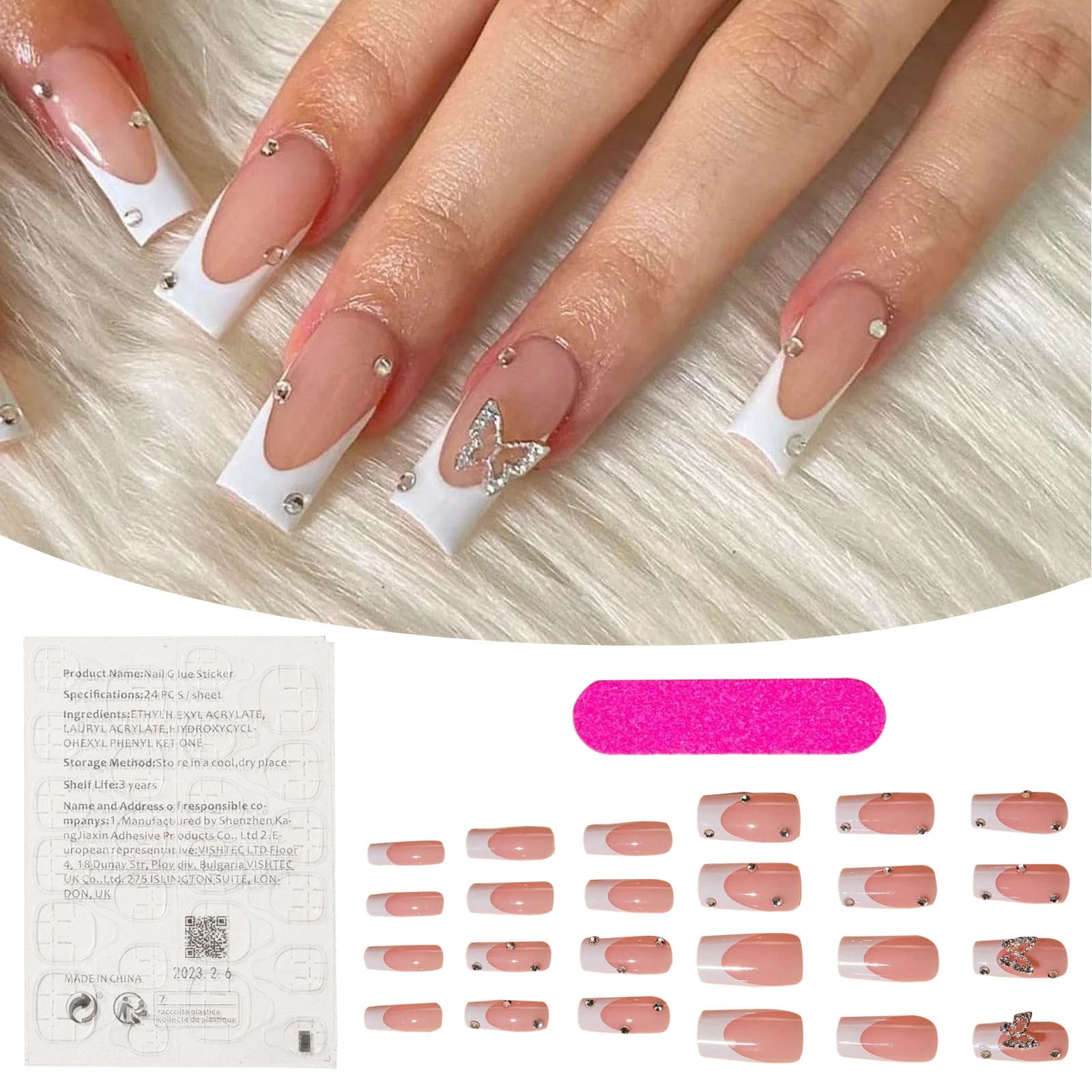 On Nails Long Square Shape Nails White Acrylic Nails Glossy Glue On ...