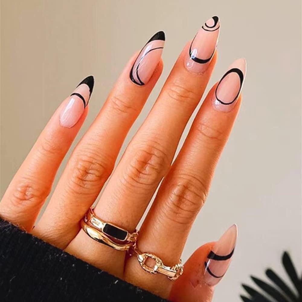 Nails Medium Length Black Abstract Line Fake Nails with Nail Glue ...