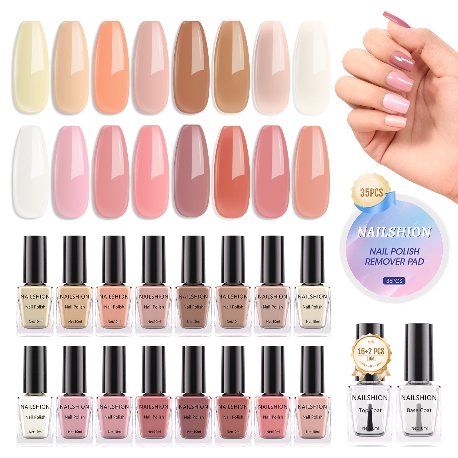Nailshion Quick Air Dry Nail Polish Set, 16 Colors 10ML Nude Pink Peachy Nail Polish with Clear ...