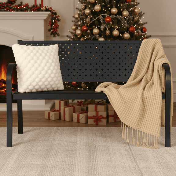 EVERITE Outdoor Steel Garden Bench ,Carved Floral Back Weatherproof ...