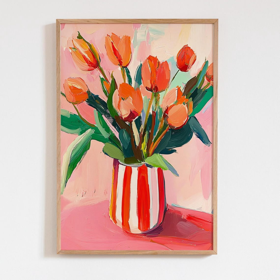 Naive Tulip Art Style Orange White Striped Vase Pink Background Cute ...