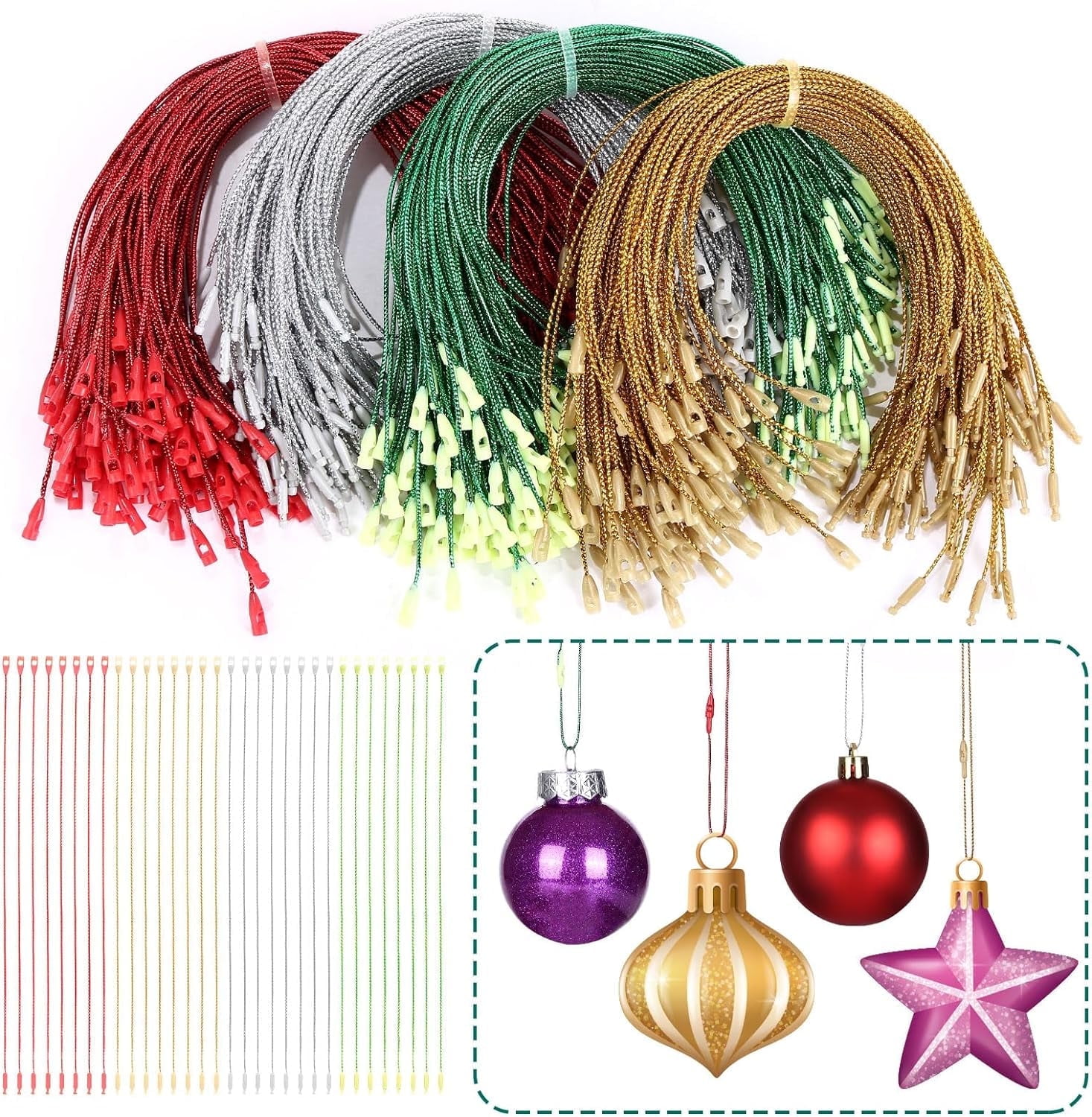 Naler 400 Pieces Christmas Ornament String Hanger 4 Colors Precut ...