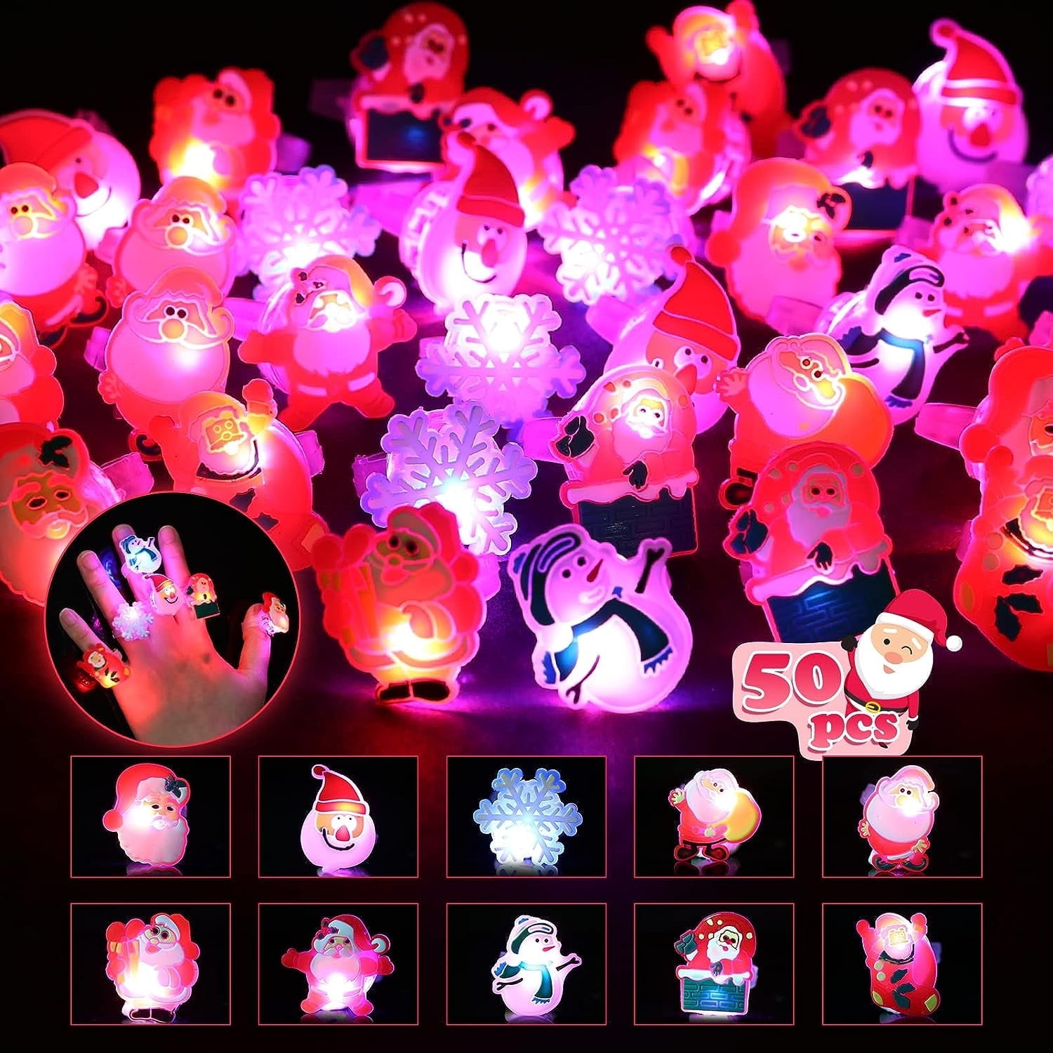 Naler 50 Pcs Christmas Flash LED Rings, Kids Xmas Party Favors Prizes ...