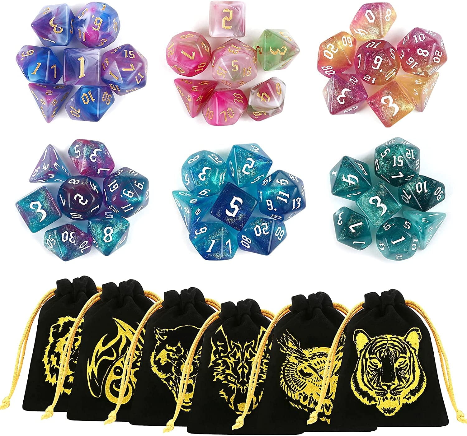 Naler DND Dice Set,6×7(42pcs) Polyhedral Dice with 6 Flannel Bags for ...