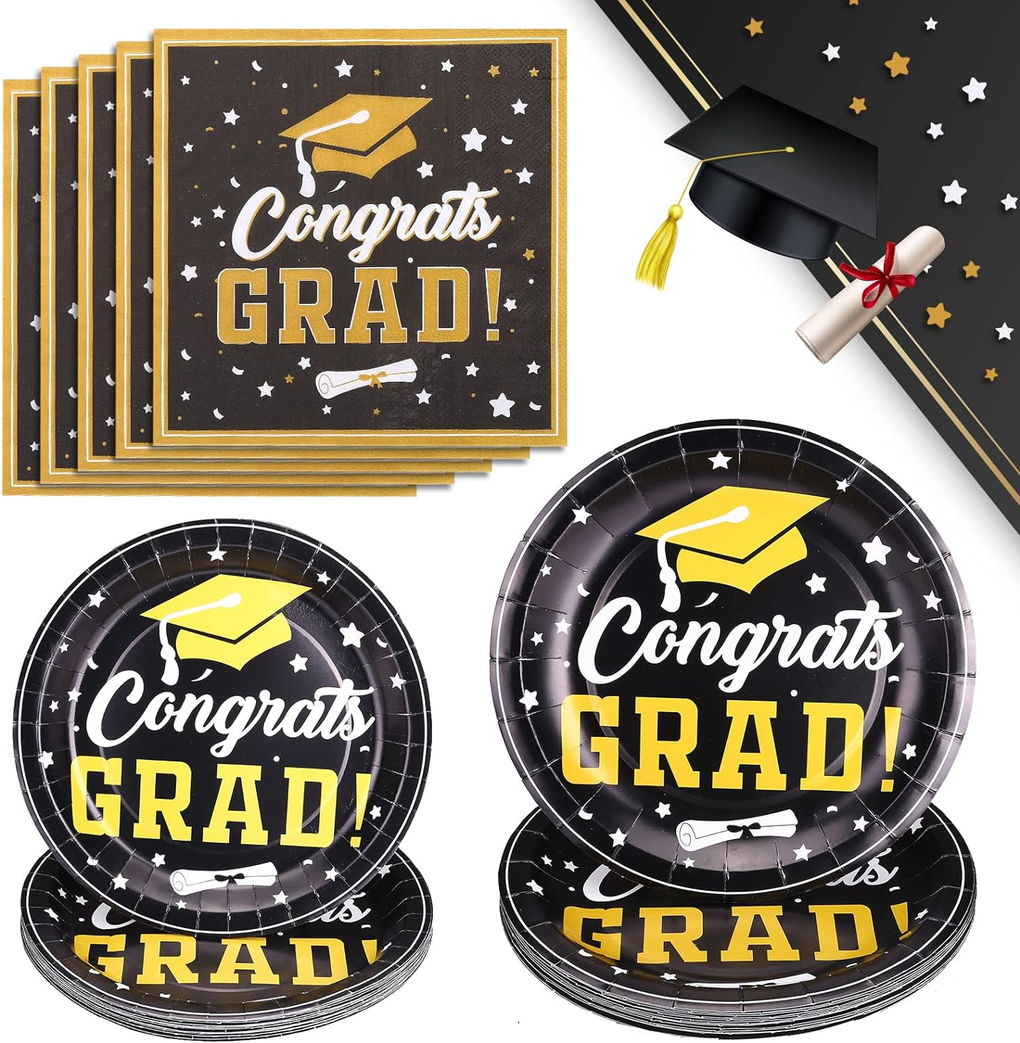 Naler 2024 Graduation Supplies - 72 Pcs Black & Gold Plates and Napkins ...