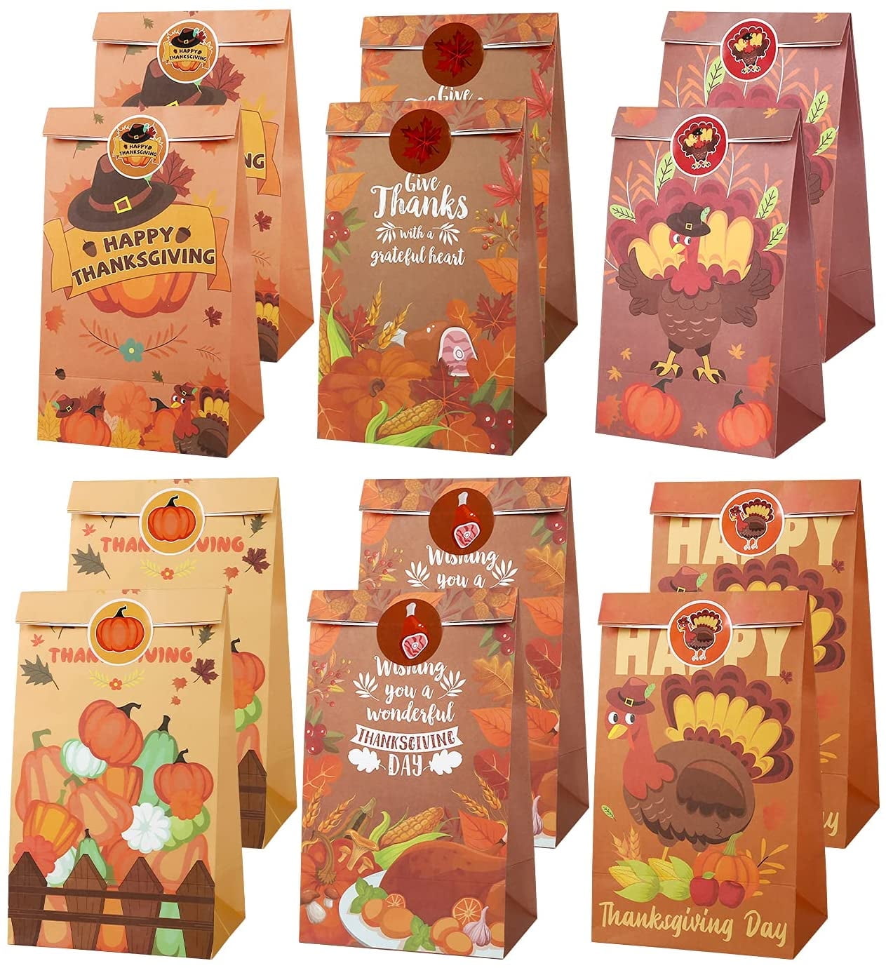 Naler 12-Pack Thanksgiving Goodie Bags with Stickers, Turkey Pumpkin ...