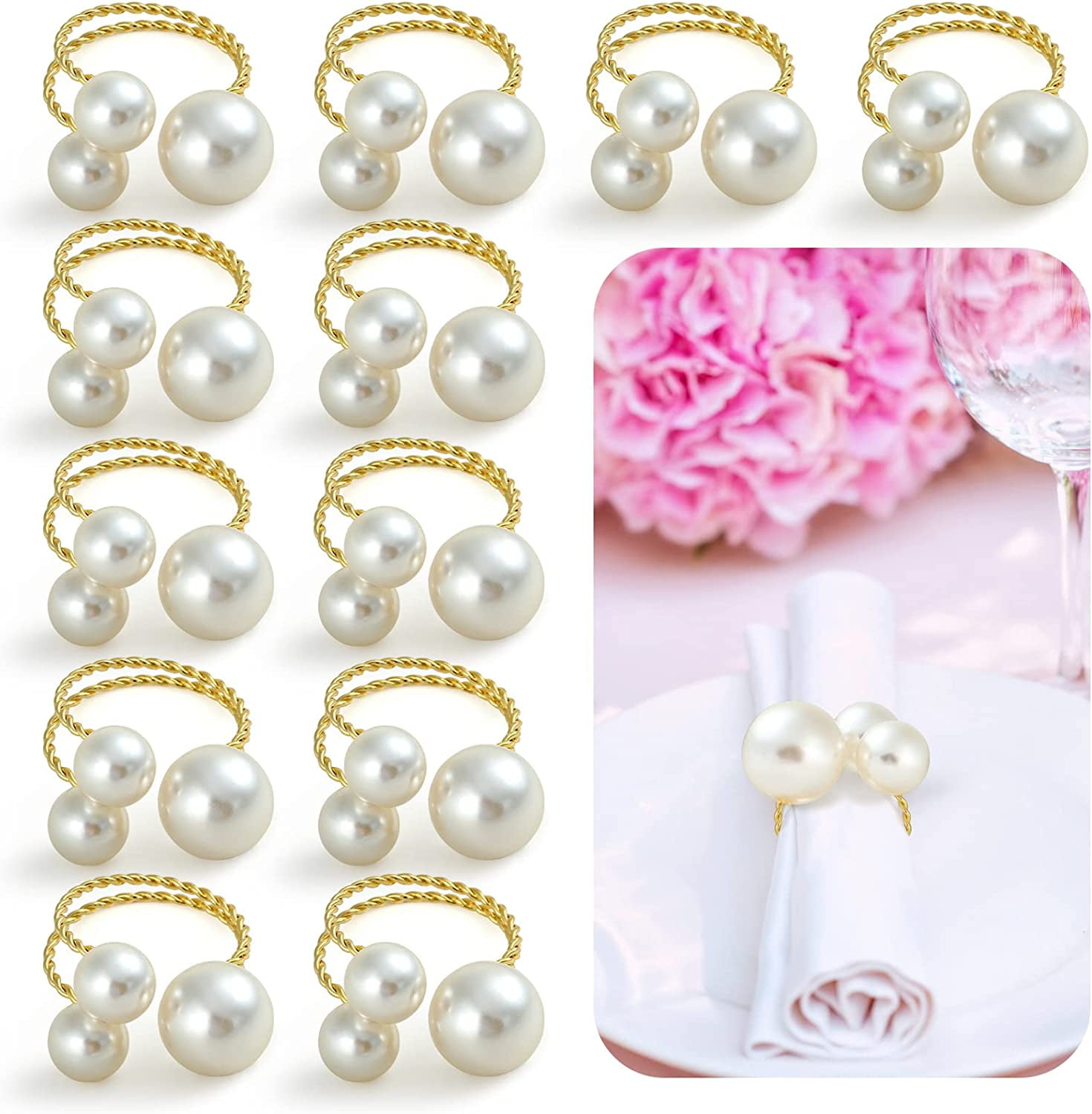 Naler Pearl Napkin Rings Set of 12, Gold Napkin Ring Holders for Party ...