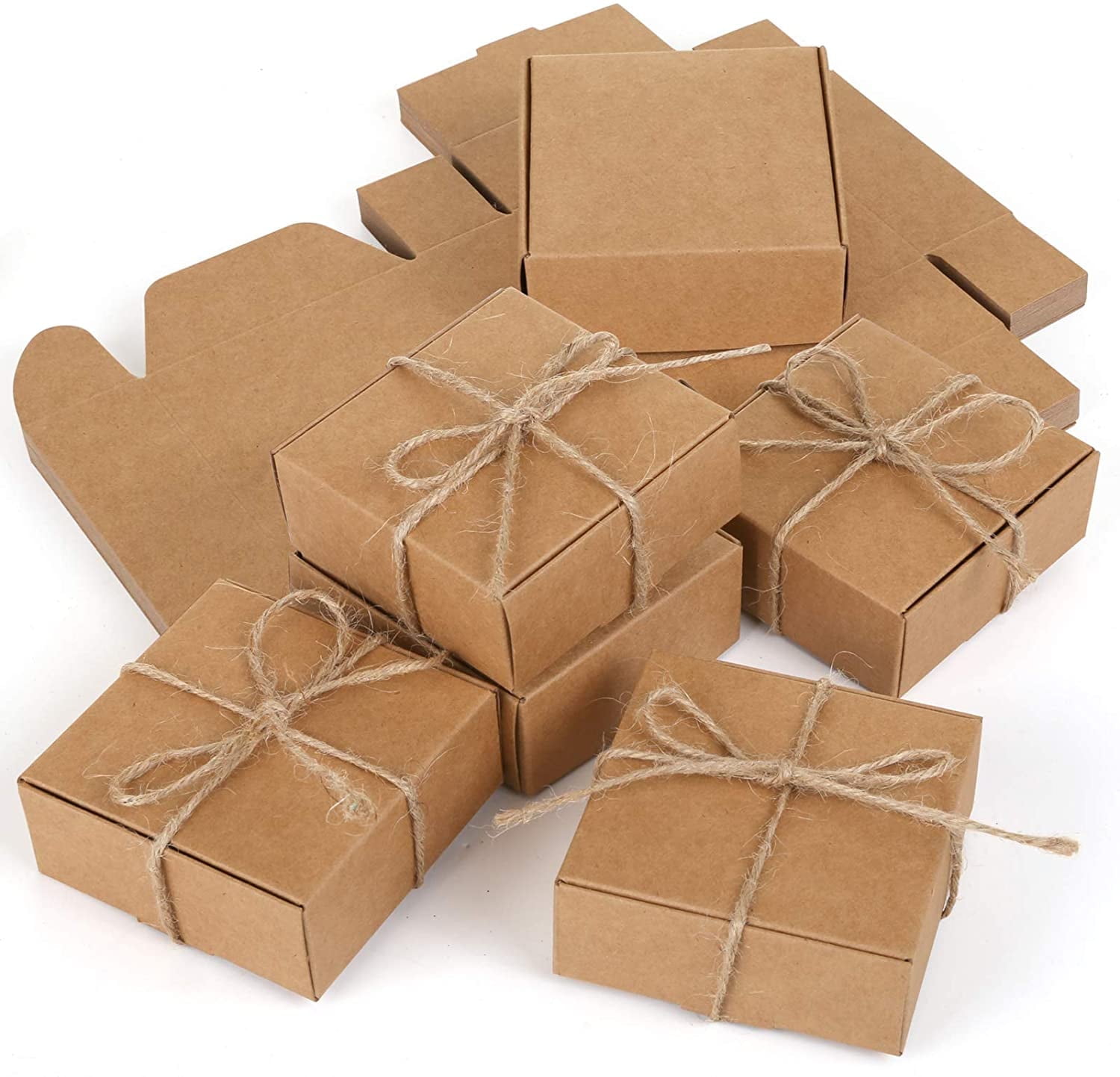 Naler 24 Pack Square Brown Kraft Mini Candy Gift Box with 20m Hemp Rope ...