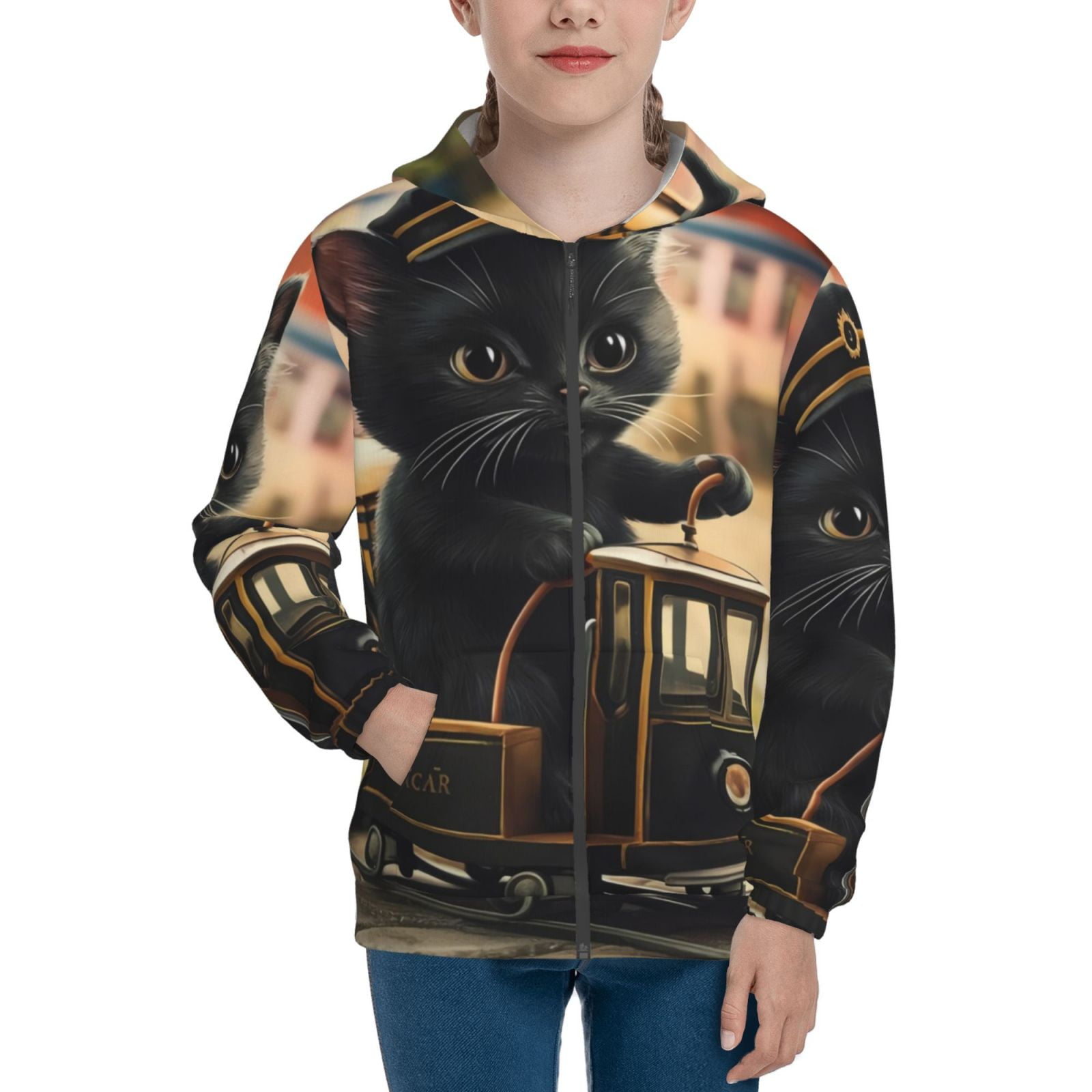 Naloa Adorable Kitten On Mini Train Teenage Zipper Hoodie, Long Sleeve ...