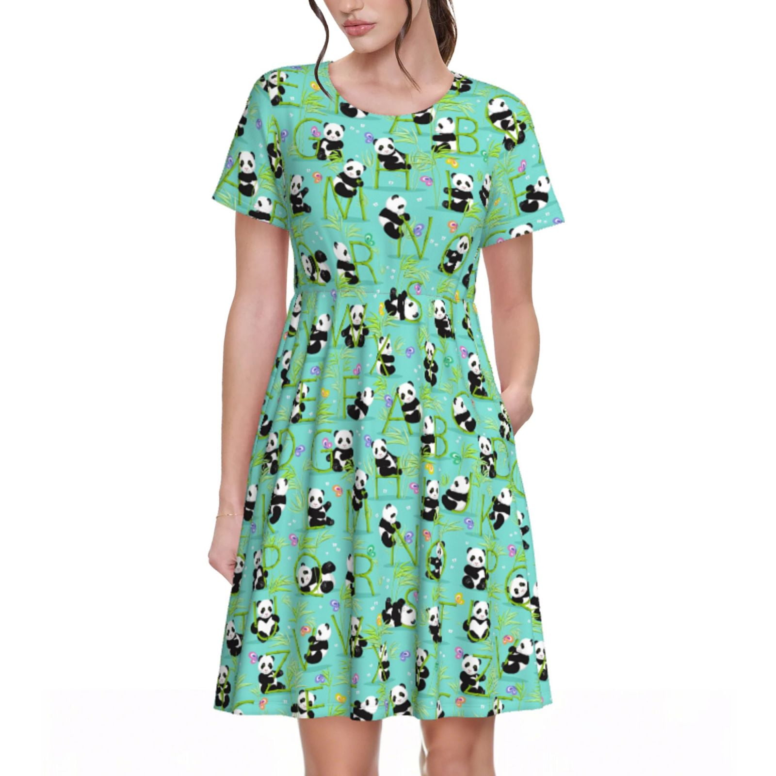 Naloa Alphabet And Panda Print Womens Summer A-Line Dress with Pockets ...
