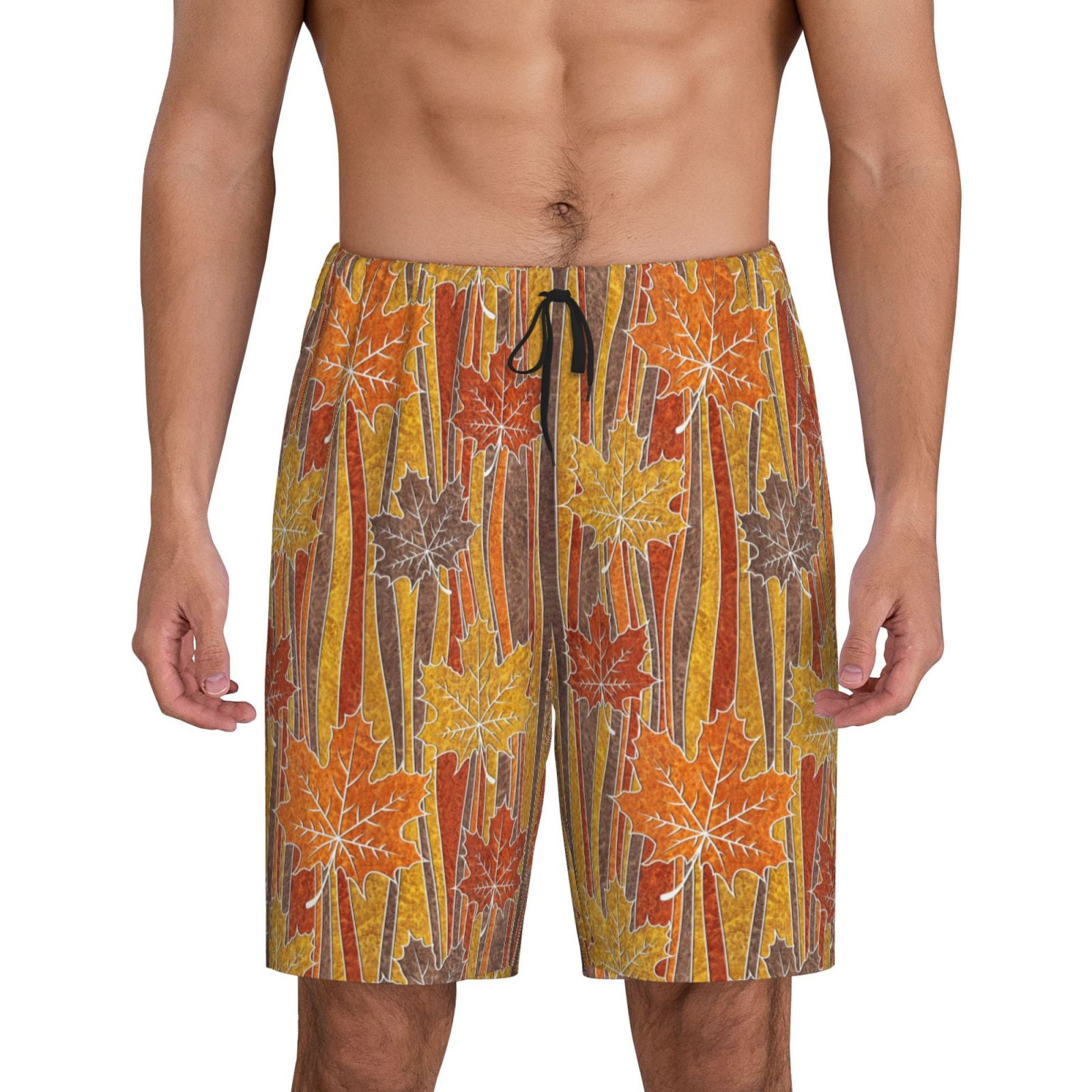 Naloa Autumn Maple Leaf Stripes Men's Short Pajama Pants, Pj Shorts ...