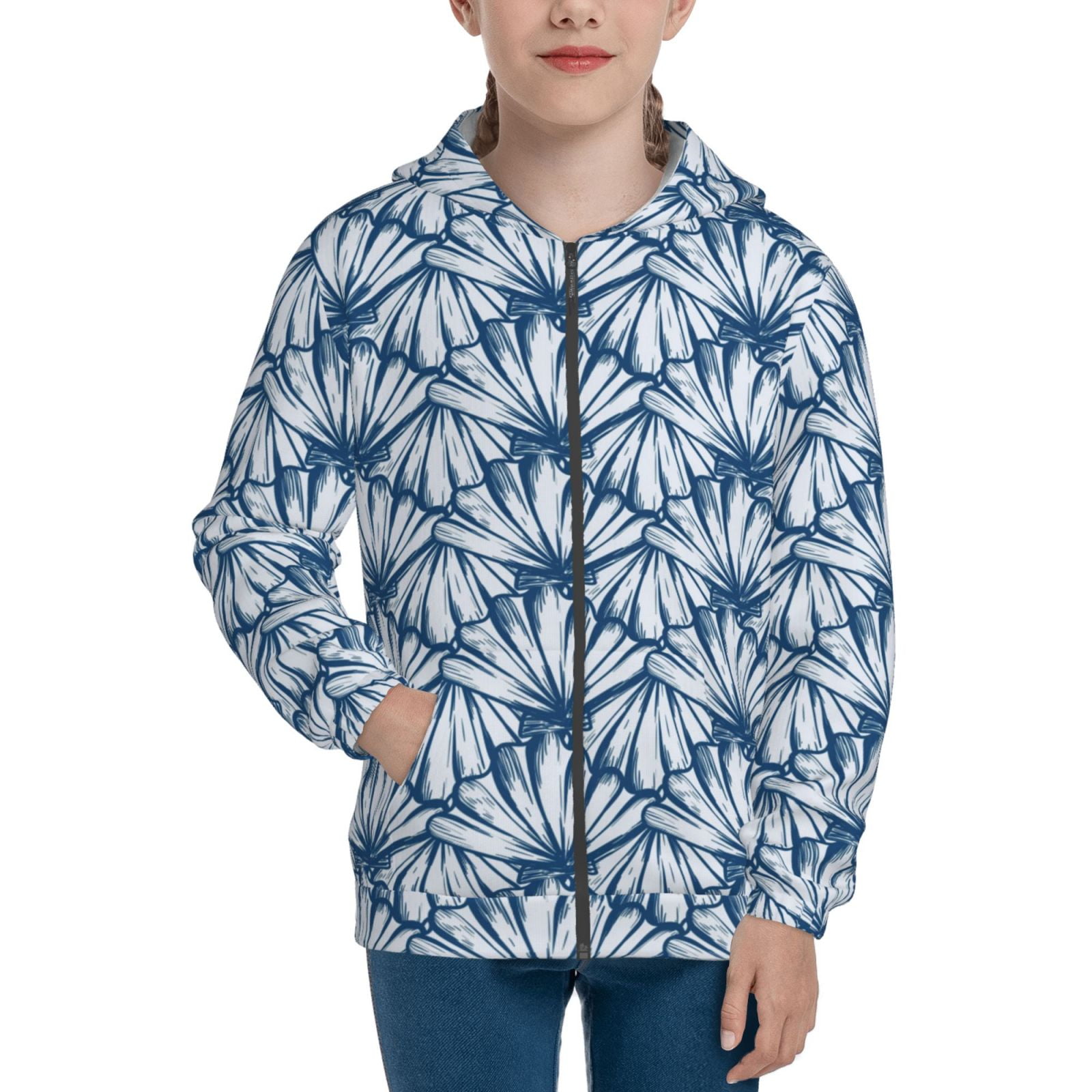 Naloa Blue Shells Teenage Zipper Hoodie, Long Sleeve Zip Up Hoodies ...