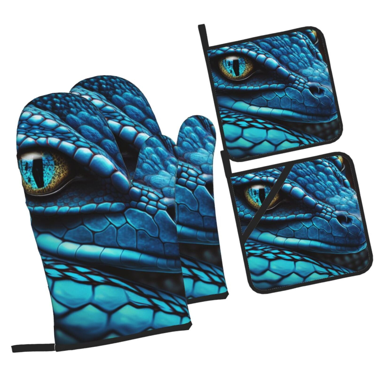 Naloa Blue Viper Snake Closeup Face Oven Mitts and Pot Holders 4 pcs ...
