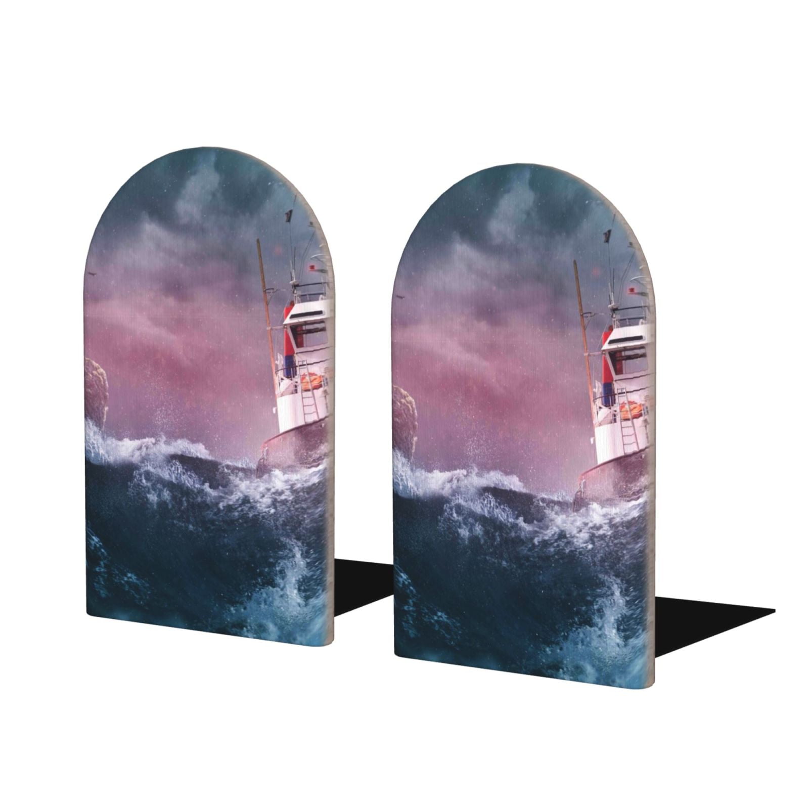 Naloa Boat Lighthouse Storm Waves Wood Non-Skid Bookend for Shelves ...