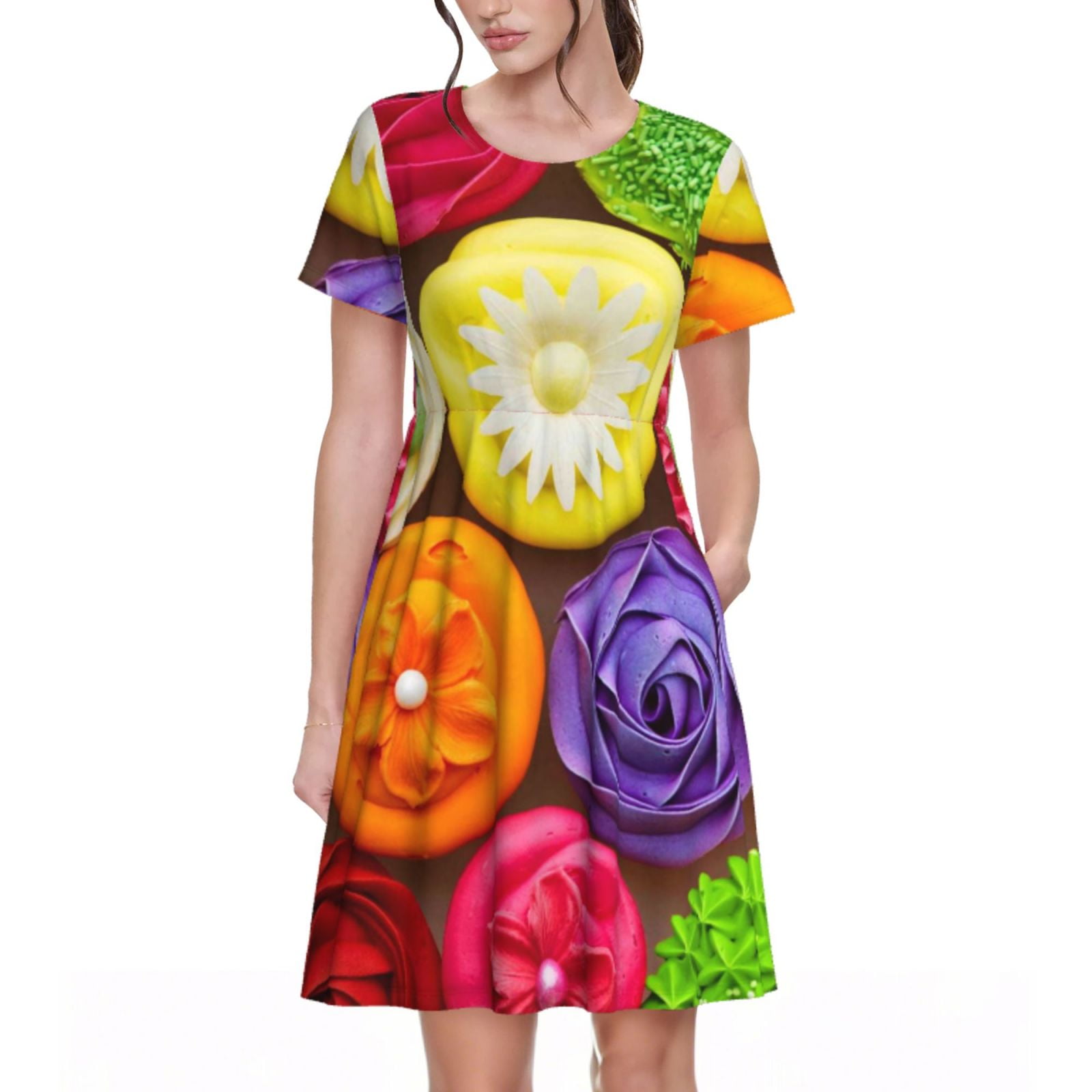 Naloa Brightly Colored Cupcakes Print Womens Summer A-Line Dress with ...
