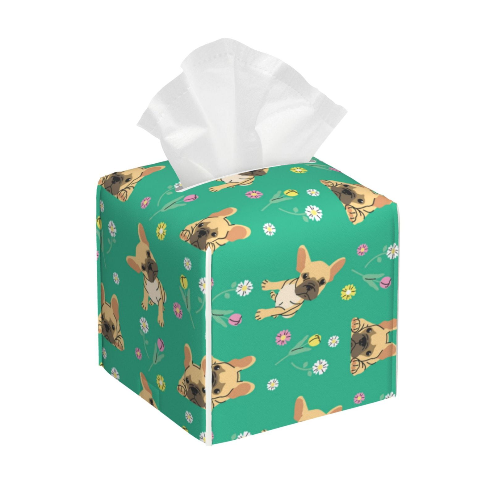 Naloa Bulldog Puppy Flower Tissue Box CoverLeather Tissue Holder Square ...