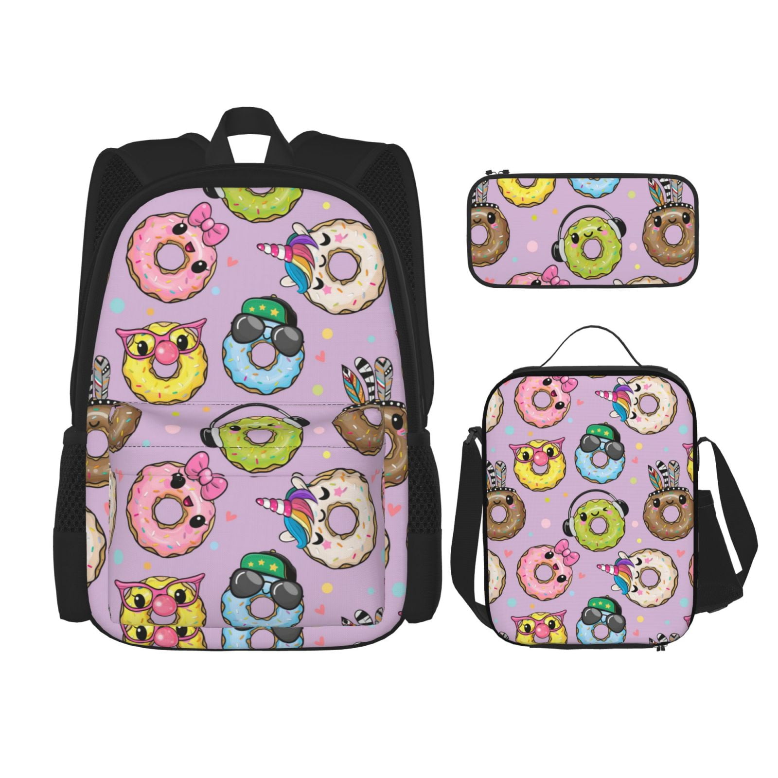 Naloa Cartoon Donuts Print Large Capacity Backpack Lunch Bag Pencil ...