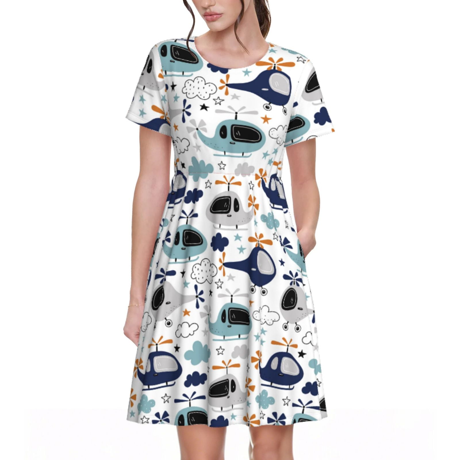 Naloa Cartoon Helicopters Print Womens Summer A-Line Dress with Pockets ...