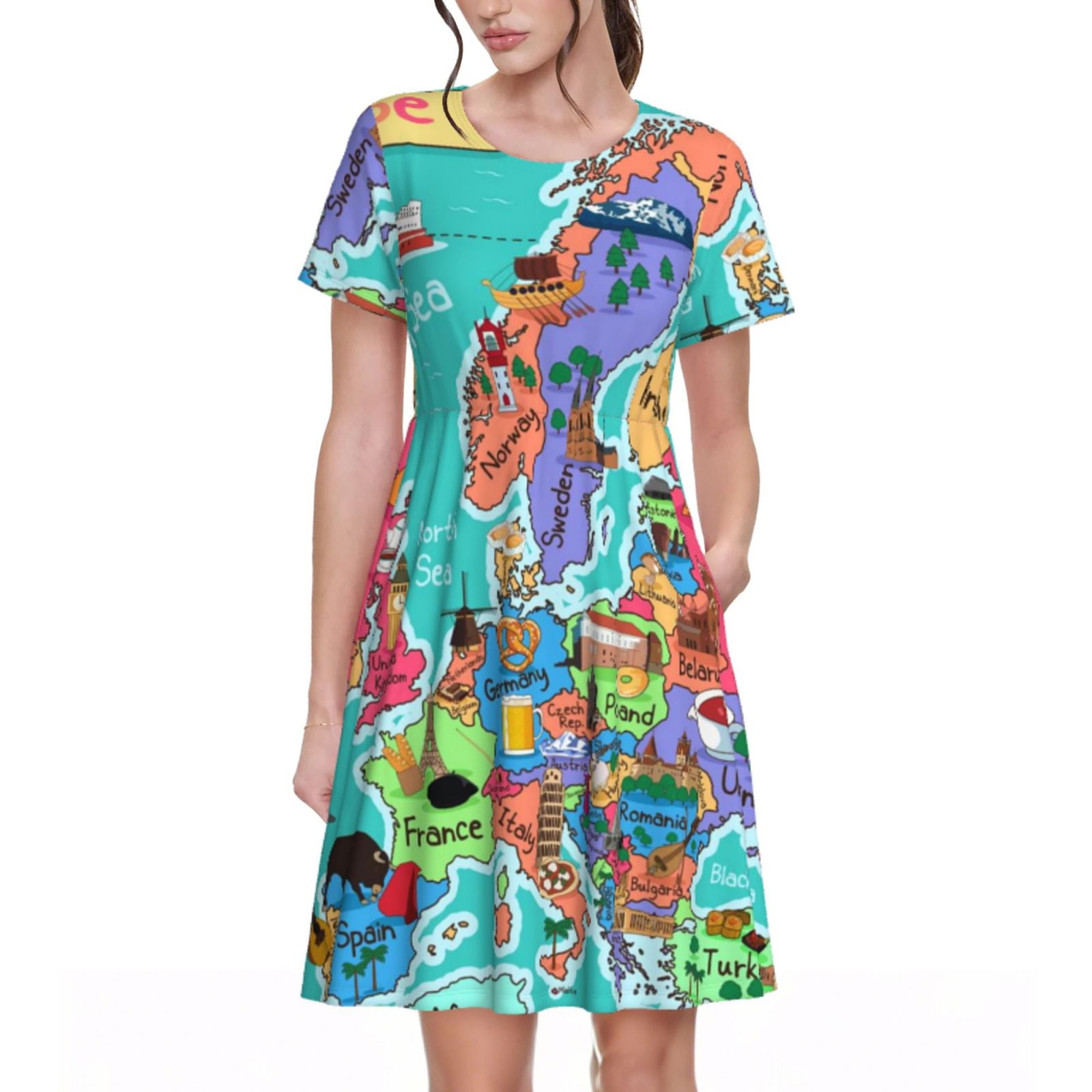 Naloa Cartoon Map Of Europe Print Womens Summer A-Line Dress with ...
