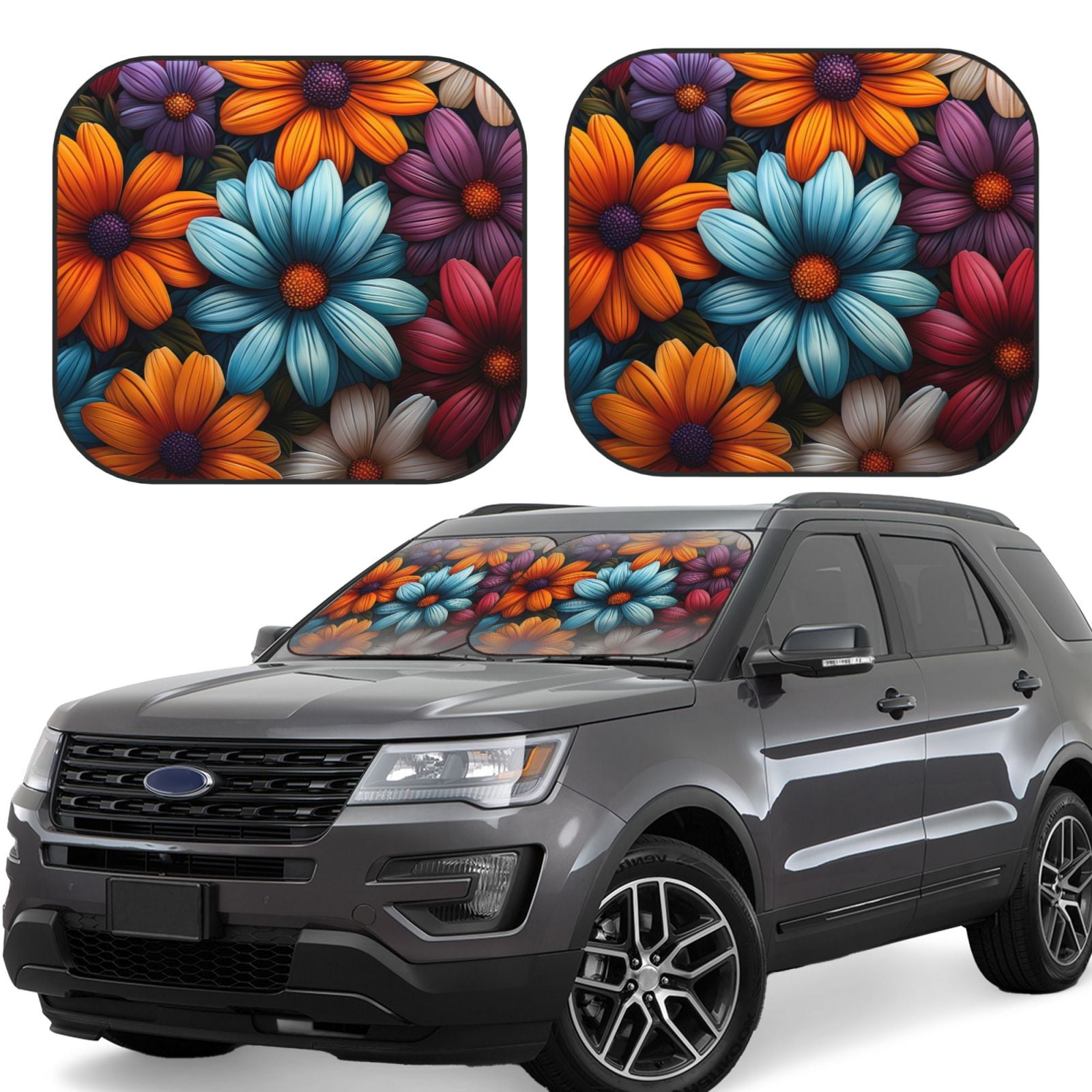 Naloa Colorful Blooming Flowers Print 2-Piece Windshield Sunshade ...