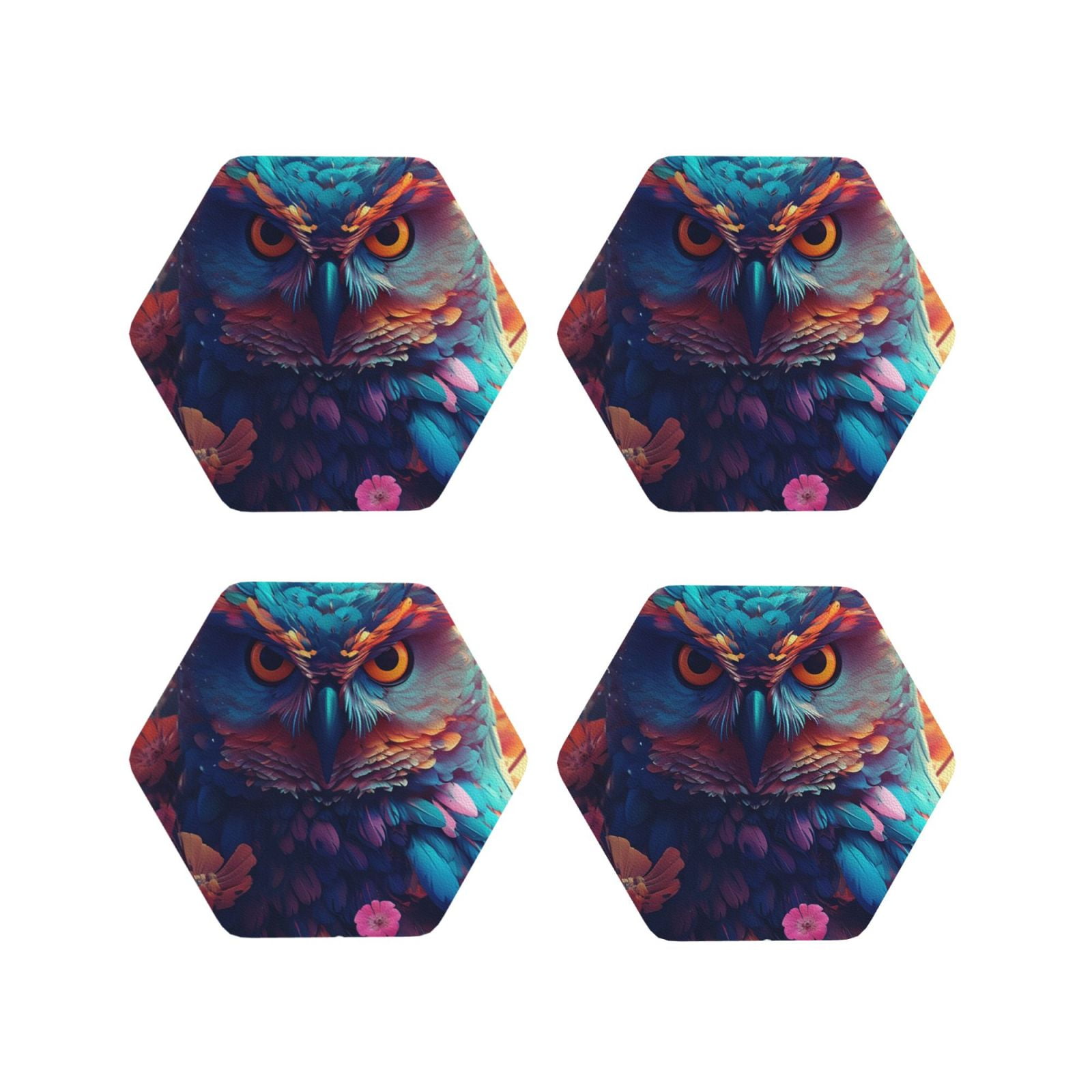 Naloa Colorful Feather Owl Leather Coasters for Drinks, Durable Drink ...