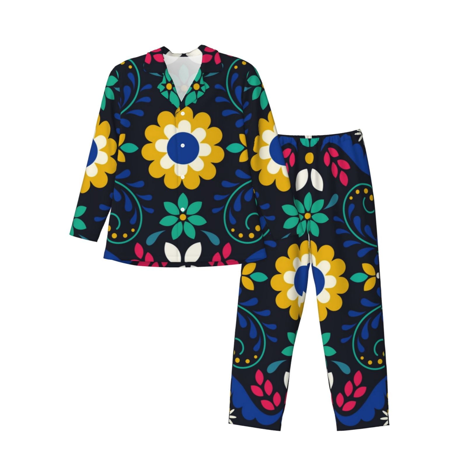 Naloa Colorful Mexican Flower Men’s Pajamas Set - Long Sleeve Button ...