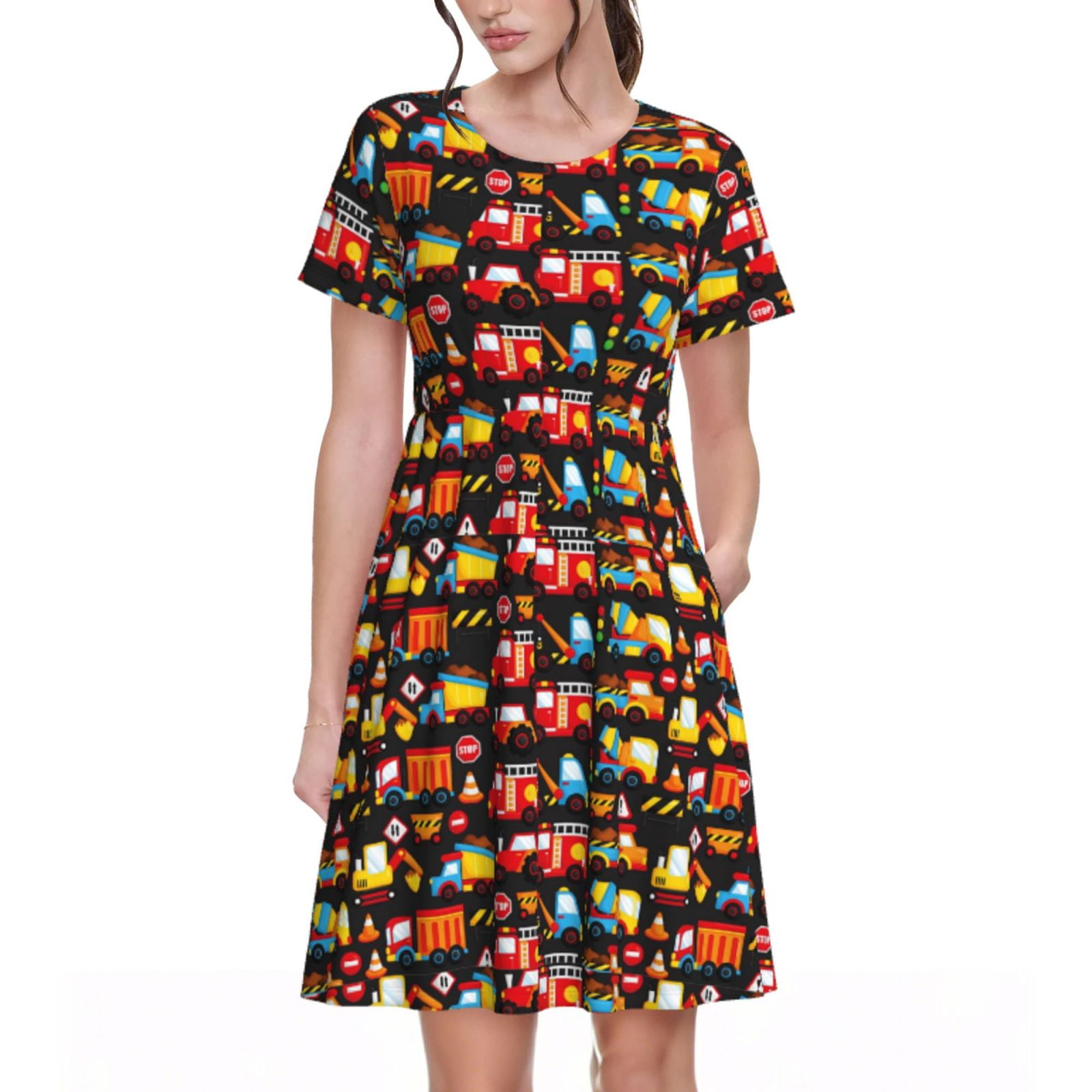 Naloa Construction Truck Print Womens Summer A-Line Dress with Pockets ...