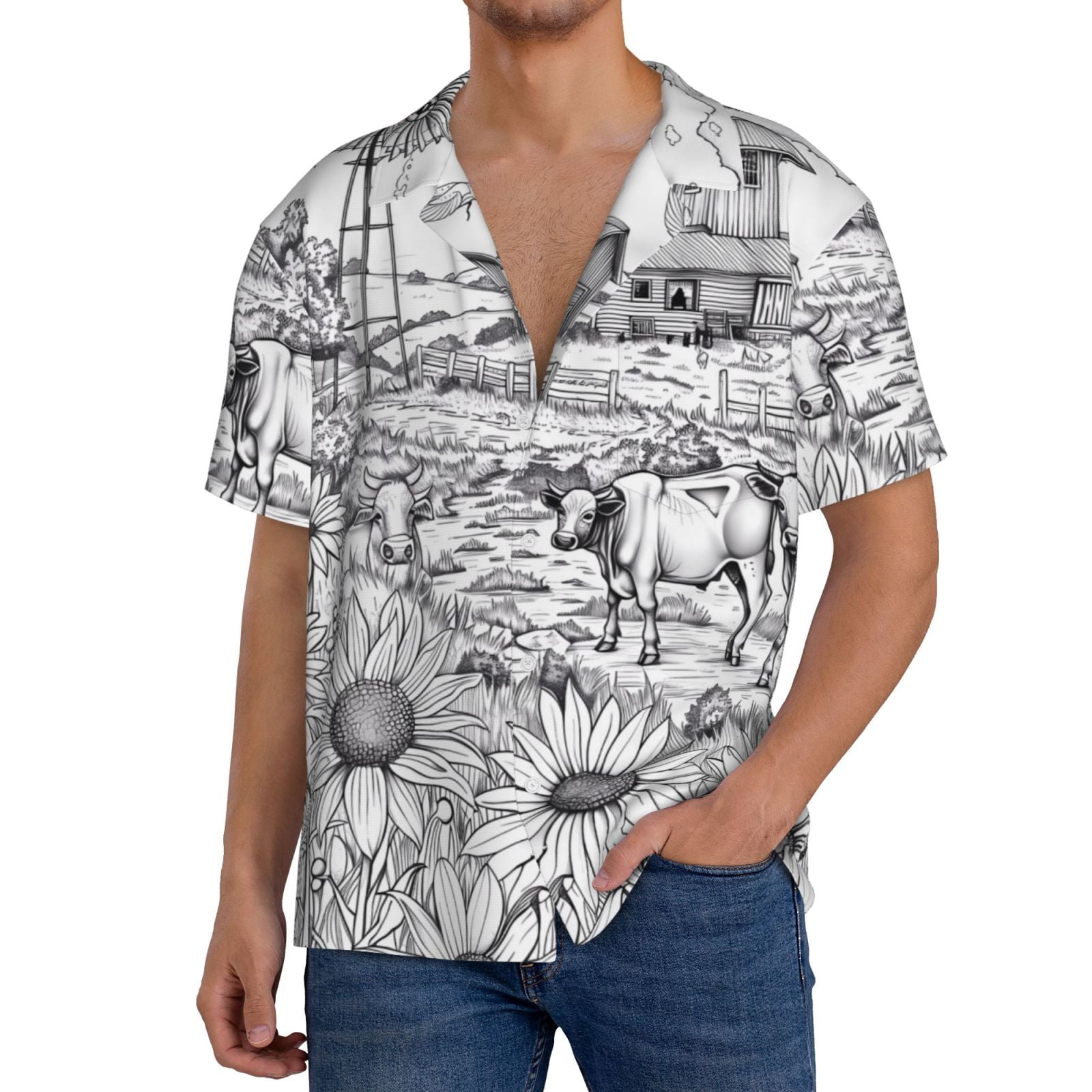 Naloa Country Farm Scene Men's Loose Fit Cuban Collar Short-Sleeve ...