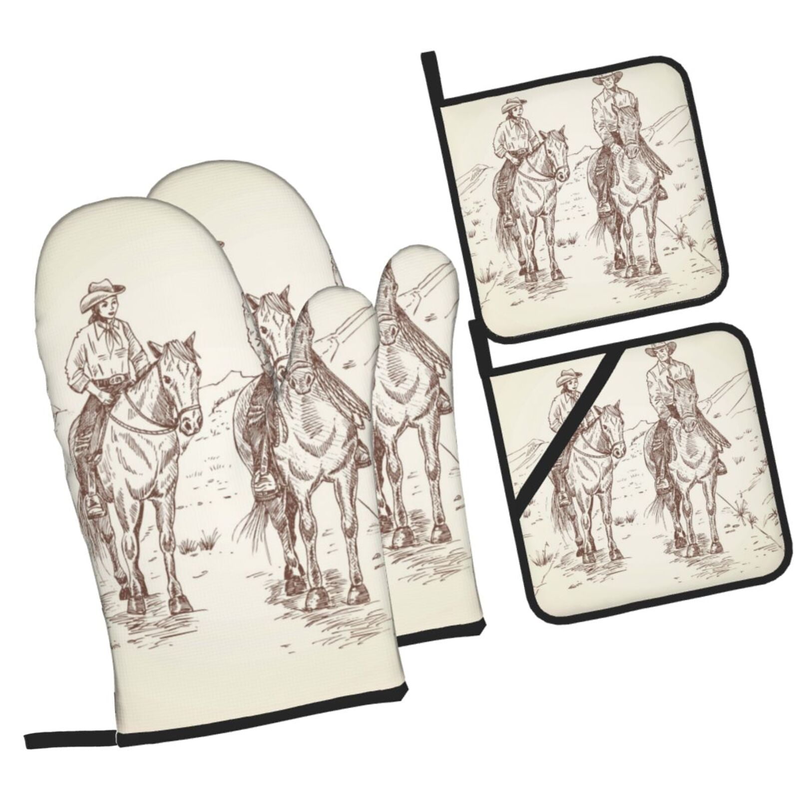Naloa Cowboys Riding Horses In Desert Oven Mitts and Pot Holders 4 pcs ...