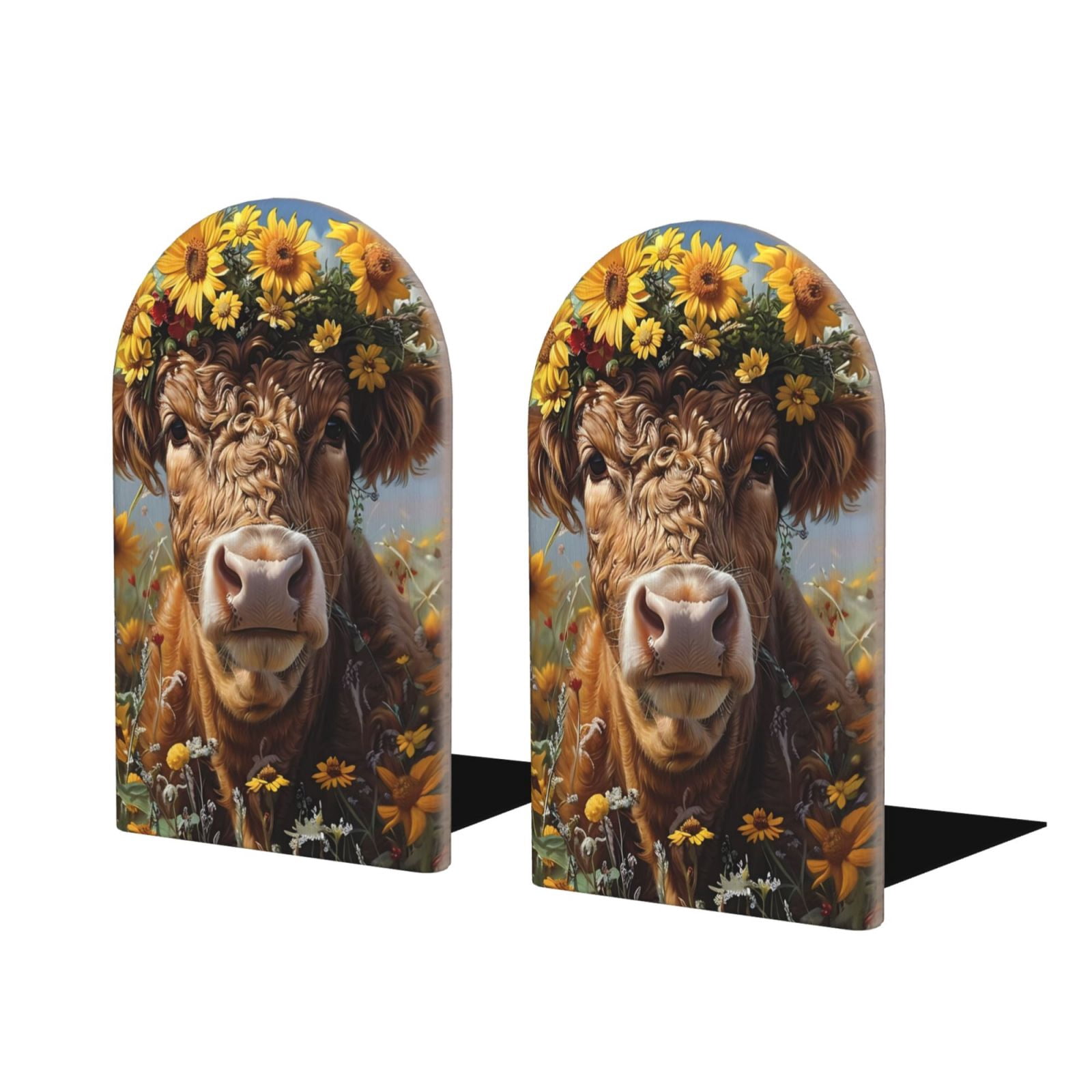 Naloa Cute Cow Sunflower Crown A Wood Non-Skid Bookend for Shelves,Book ...