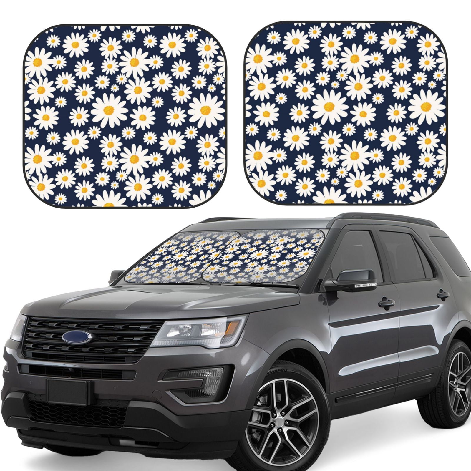 Naloa Daisy Floral Print 2-Piece Windshield Sunshade,Foldable Car Front ...