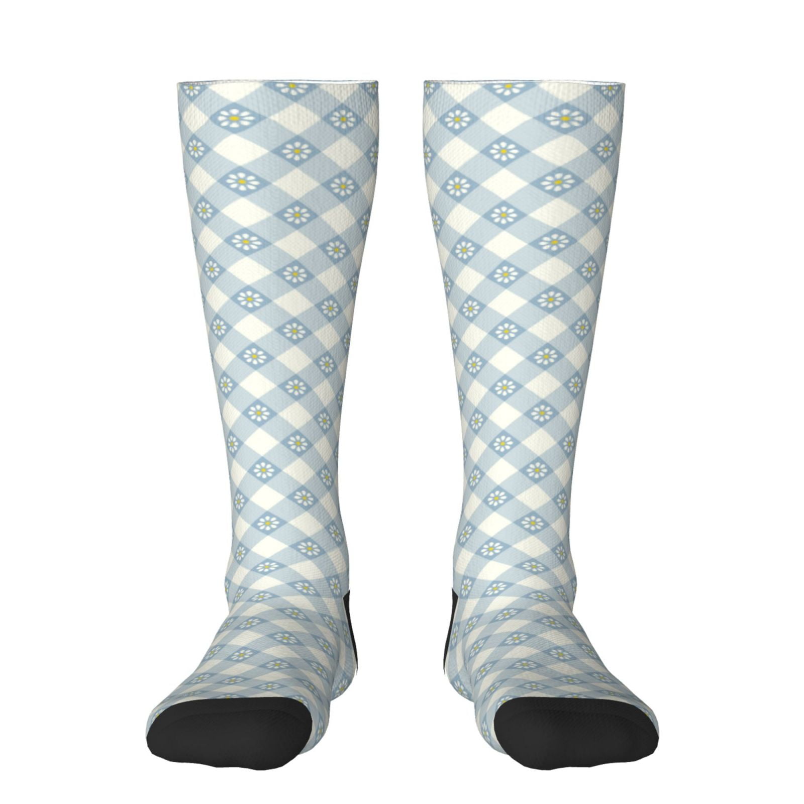 Naloa Daisy Plaid Blue Thigh High Socks Extra Long Stretchy Sock Women Over Knee High Opaque ...