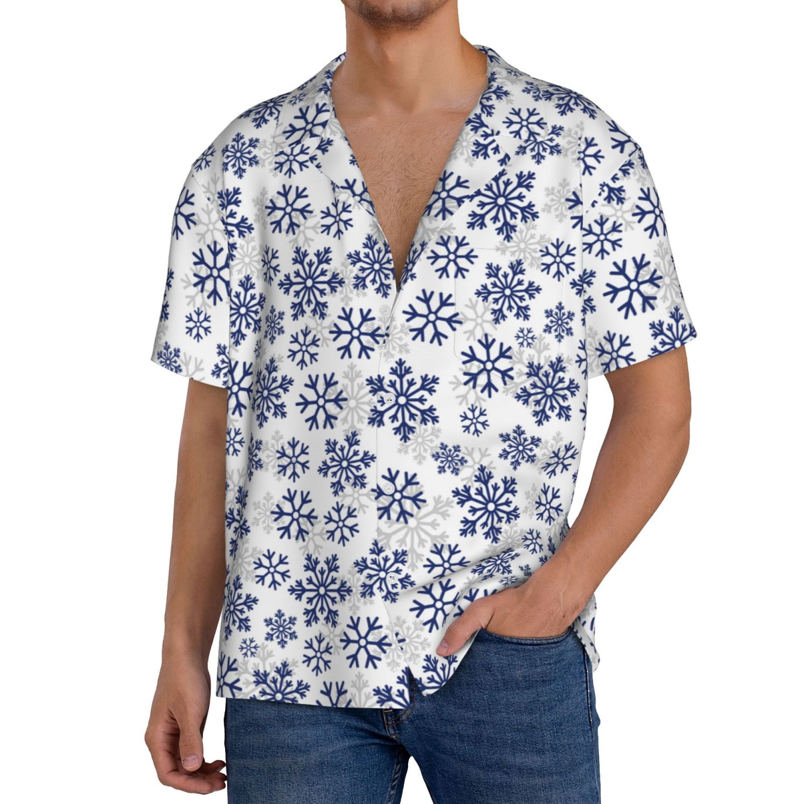 Naloa Dark Blue Snowflakes Men's Loose Fit Cuban Collar Short-Sleeve ...