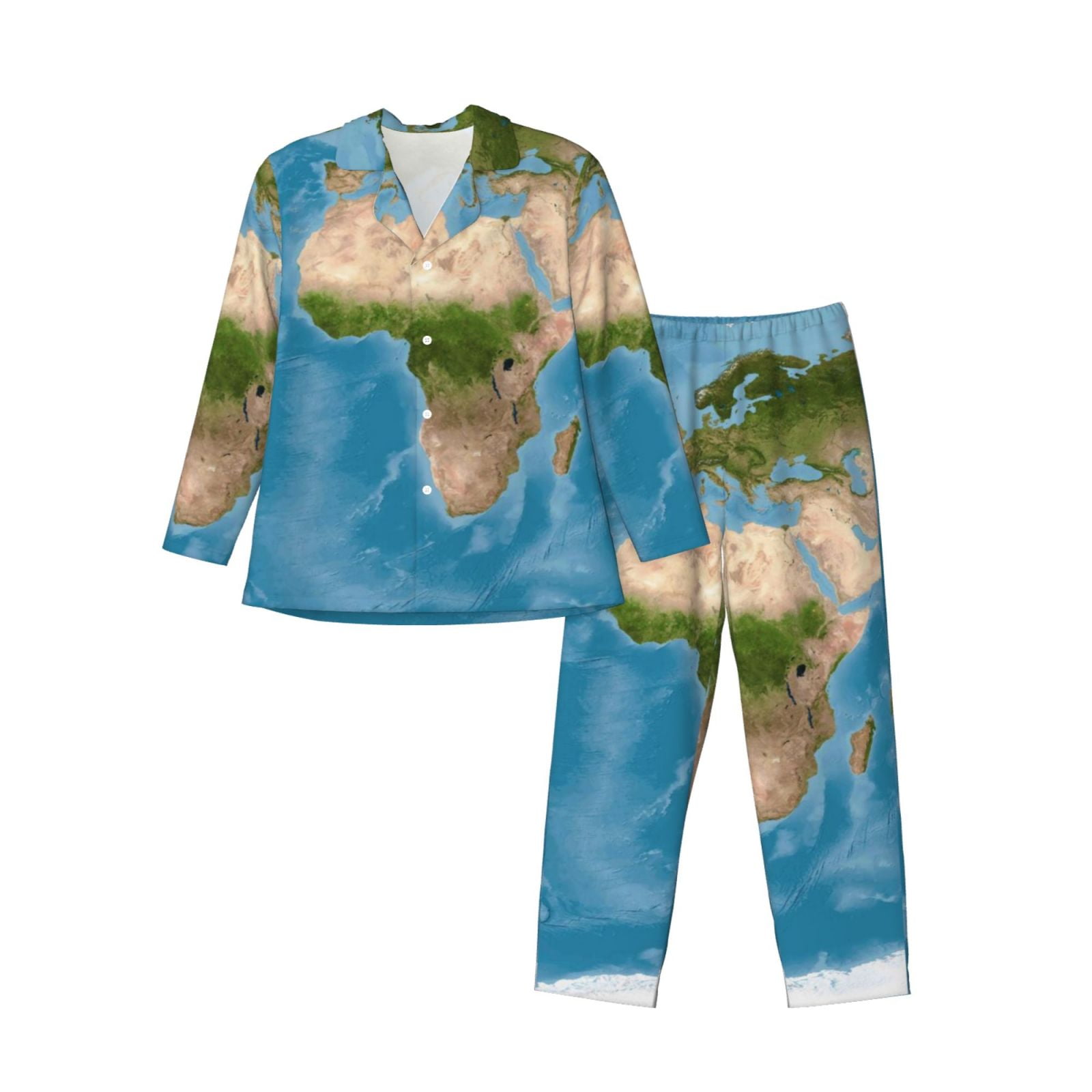 Naloa Earth View World Map Men’s Pajamas Set - Long Sleeve Button Down ...