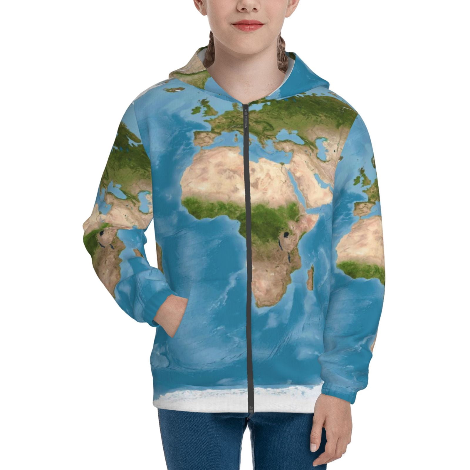 Naloa Earth View World Map Teenage Zipper Hoodie, Long Sleeve Zip Up ...