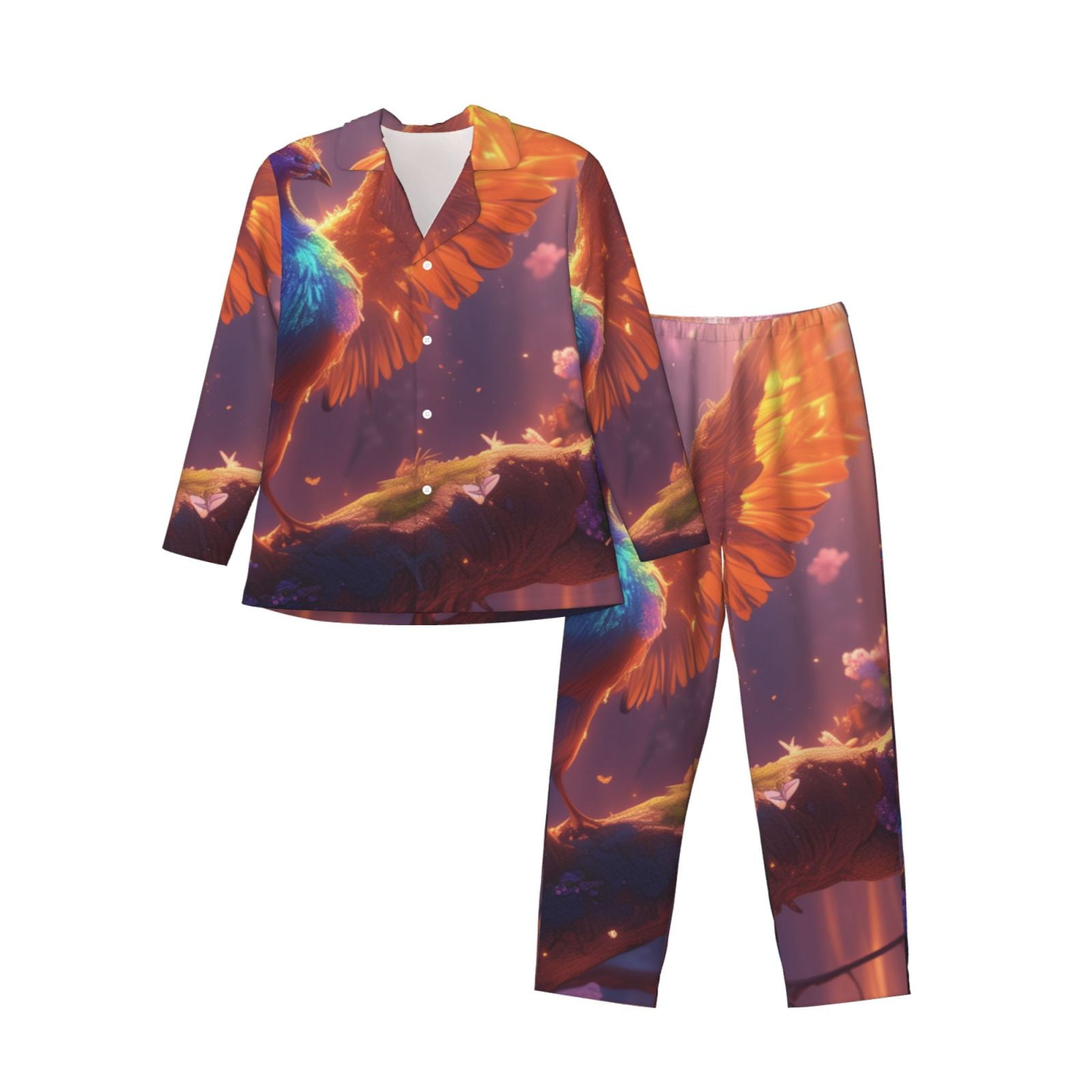 Naloa Fantasy Bird Illustration Men’s Pajamas Set - Long Sleeve Button ...
