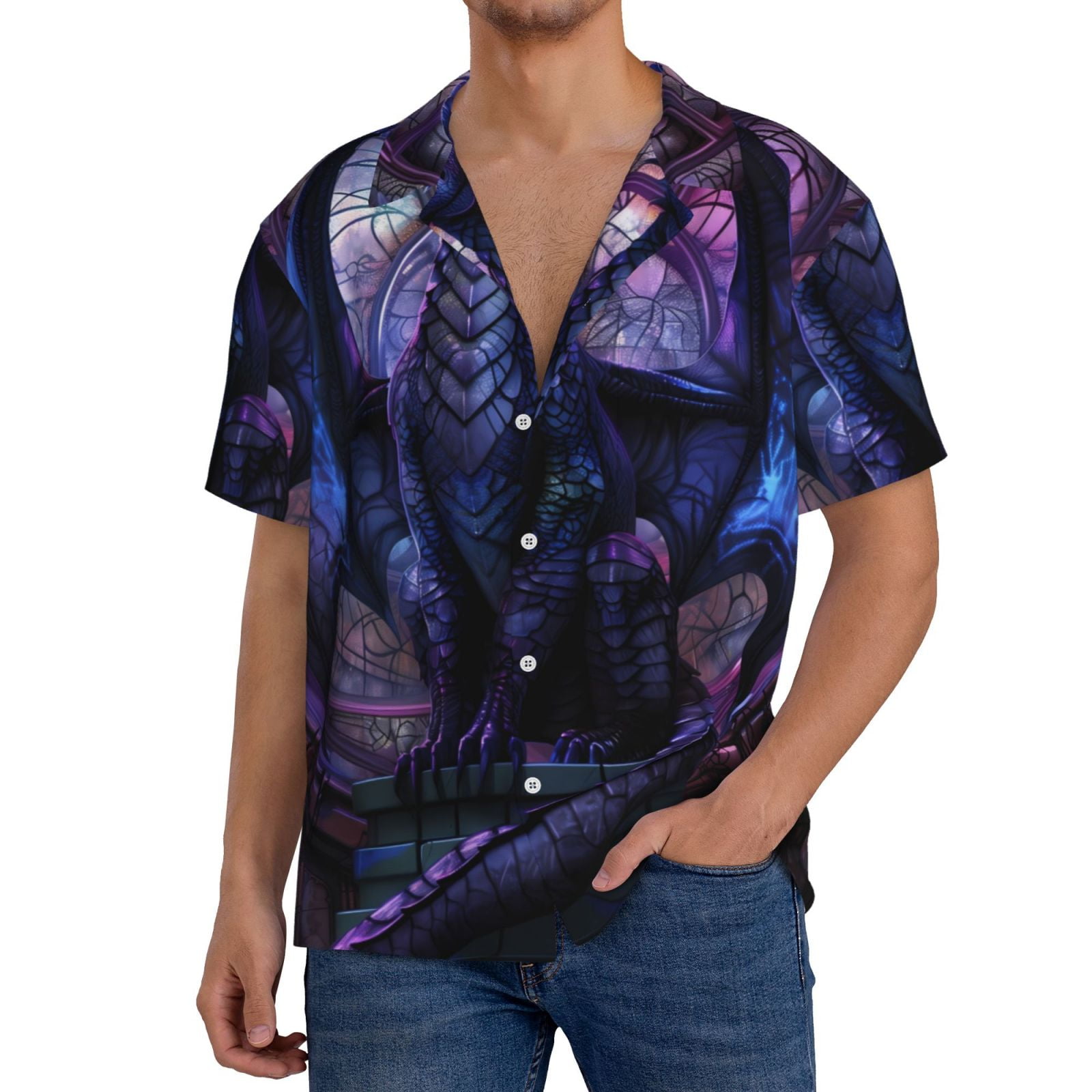 Naloa Fantasy Dragon In Cathedral Men's Loose Fit Cuban Collar Short-Sleeve Shirt, Hawaiian ...