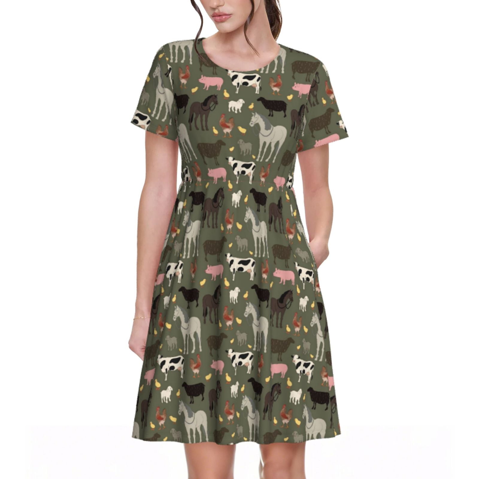 Naloa Farm Animals Print Womens Summer A-Line Dress with Pockets,Short ...