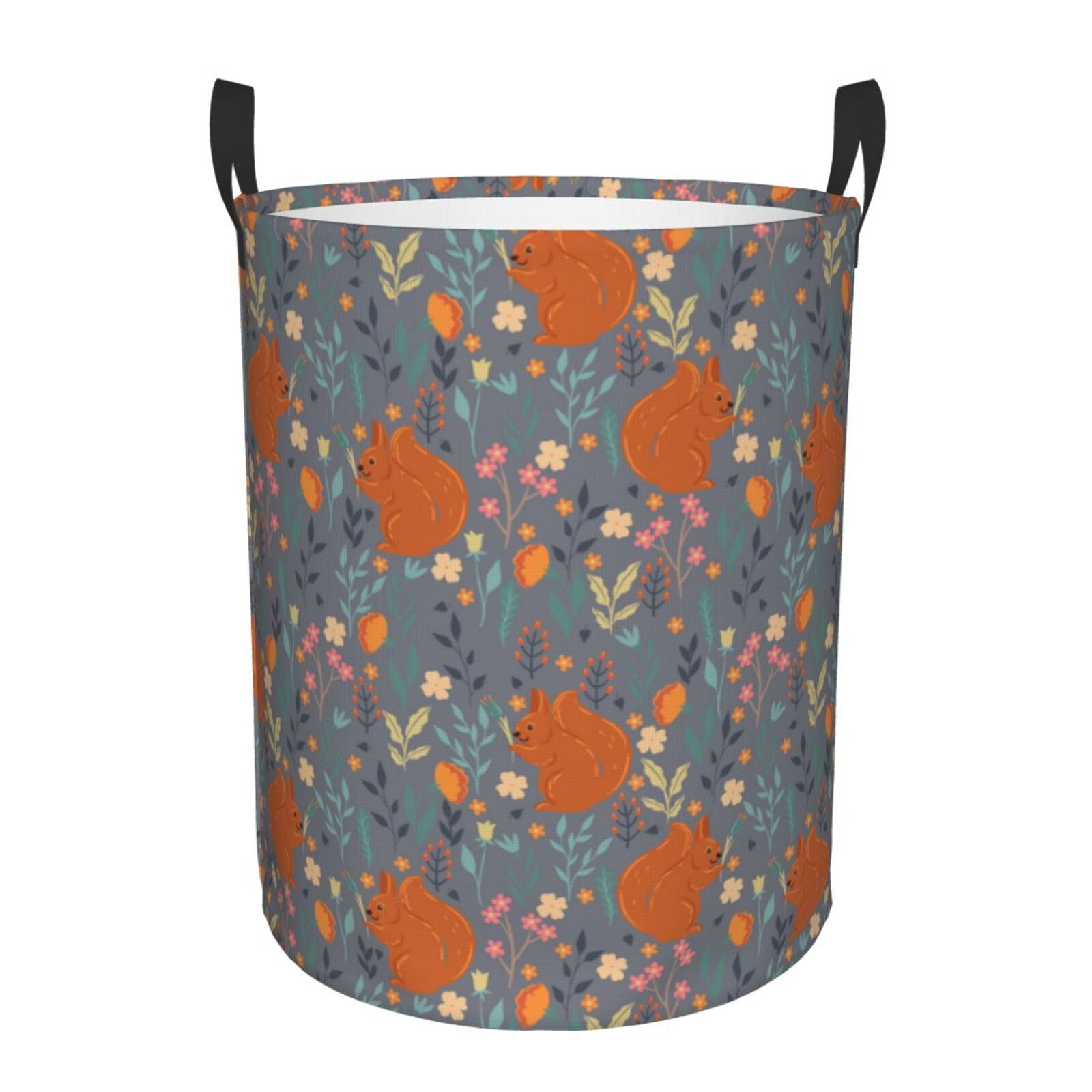 Naloa Floral Squirrel Large Laundry Basket Waterproof Round Collapsible Storage bin with Handles ...