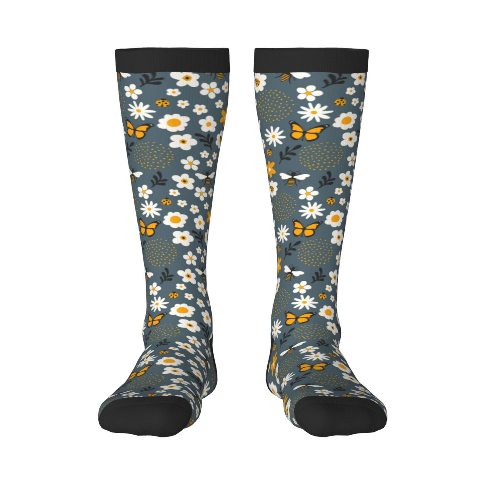 Naloa Flowers and Bee Thigh High Socks Extra Long Stretchy Sock Women ...