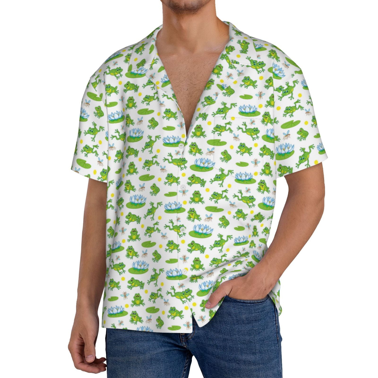 Naloa Frogs Jumping Men's Loose Fit Cuban Collar Short-Sleeve Shirt ...