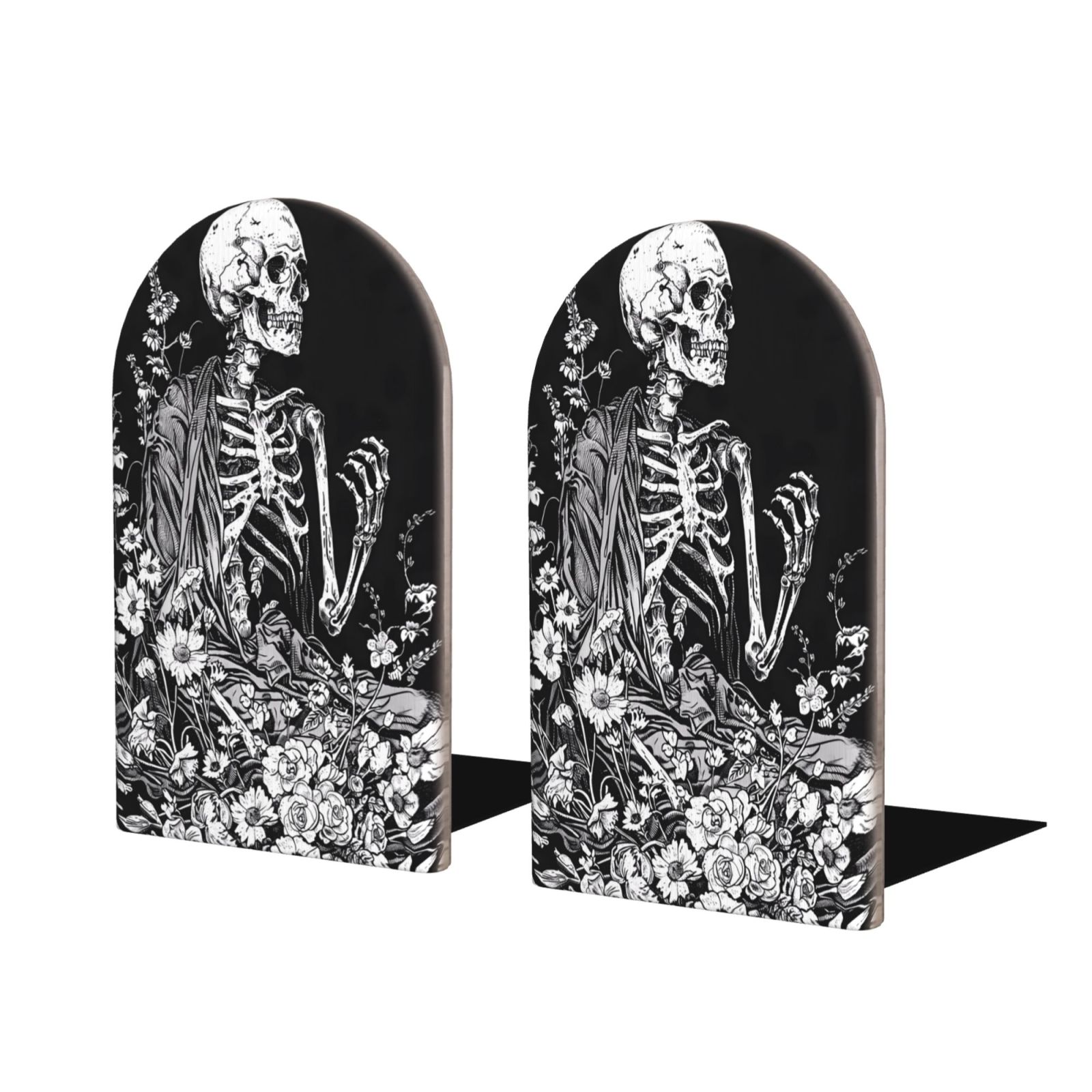 Naloa Gothic Skull Floral Art Wood Non-Skid Bookend for Shelves,Book ...