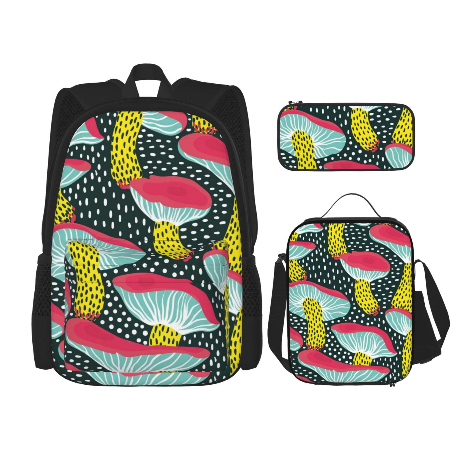 Naloa Green Mushroom Print Large Capacity Backpack Lunch Bag Pencil ...